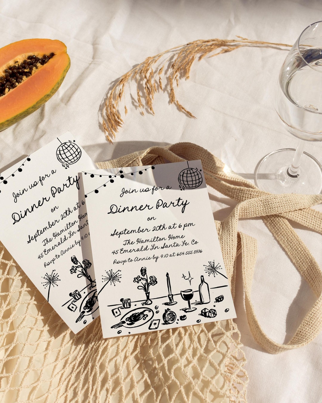 Hand-drawn Dinner Party Invitation: Whimsical Retro Invites (editable ...