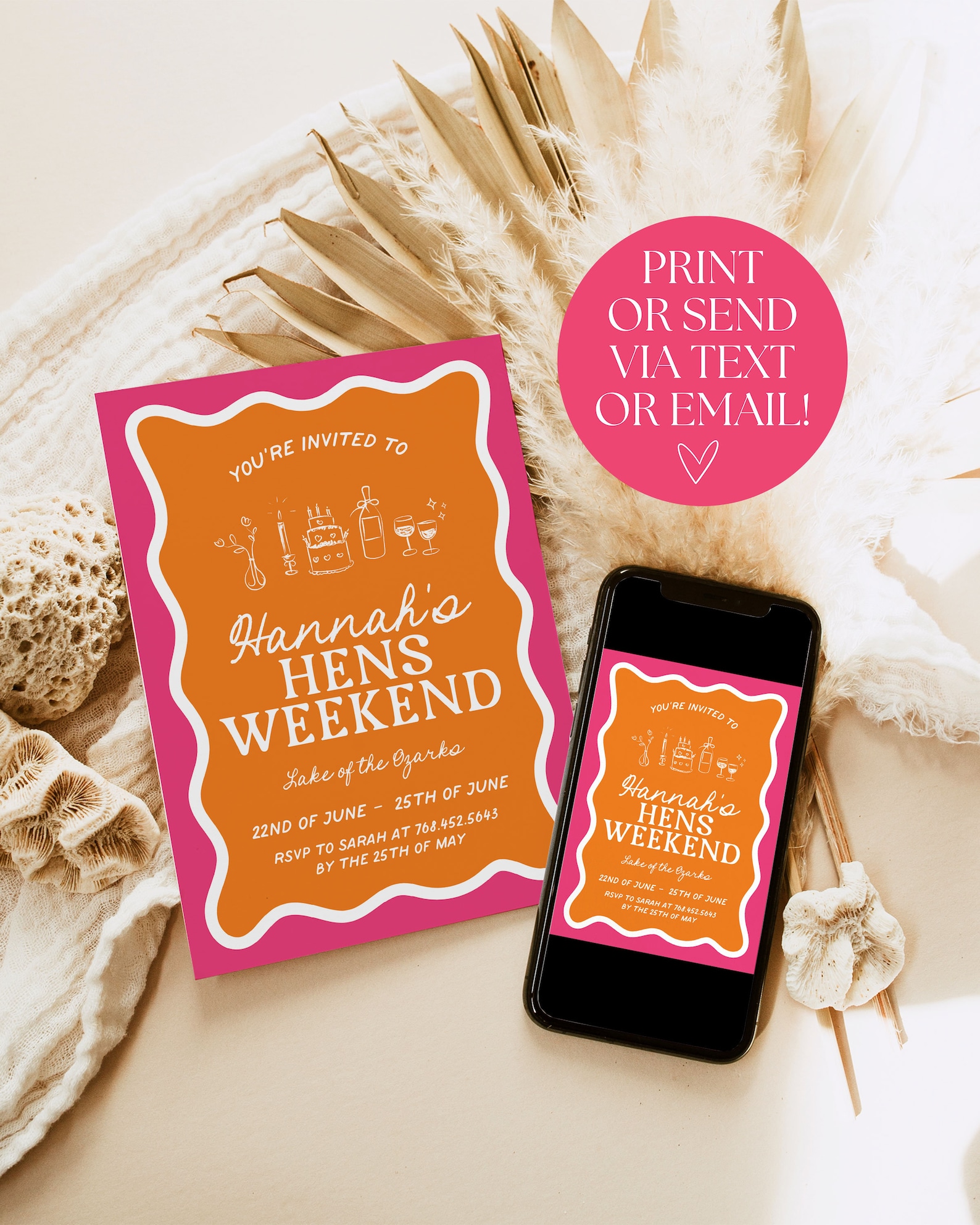 Orange and Pink Hens Party Itinerary Invite Template Wavy Border ...