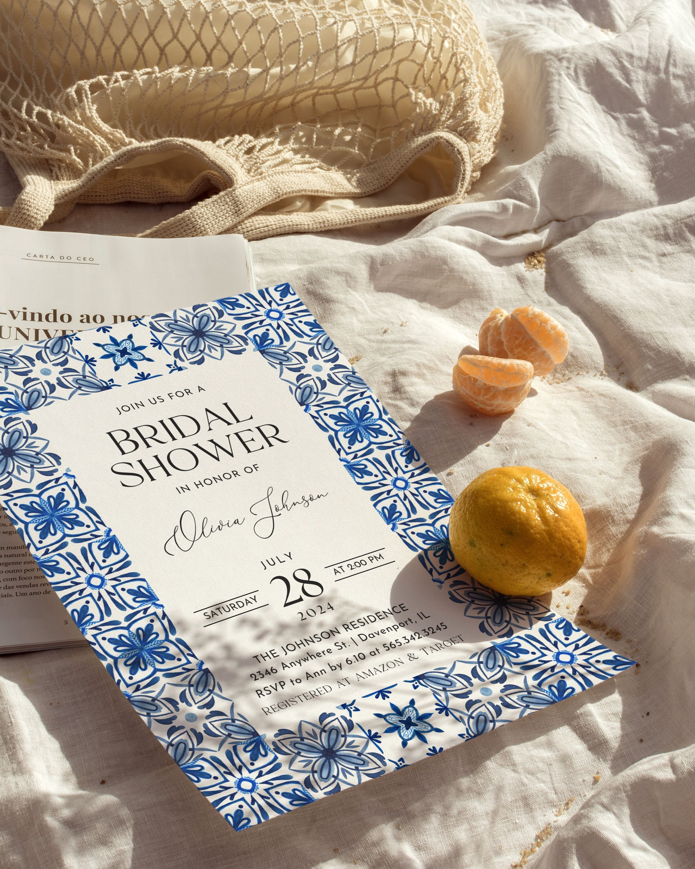 Mediterranean Tile Bridal Shower Invitation Template, Dark Blue Italian ...