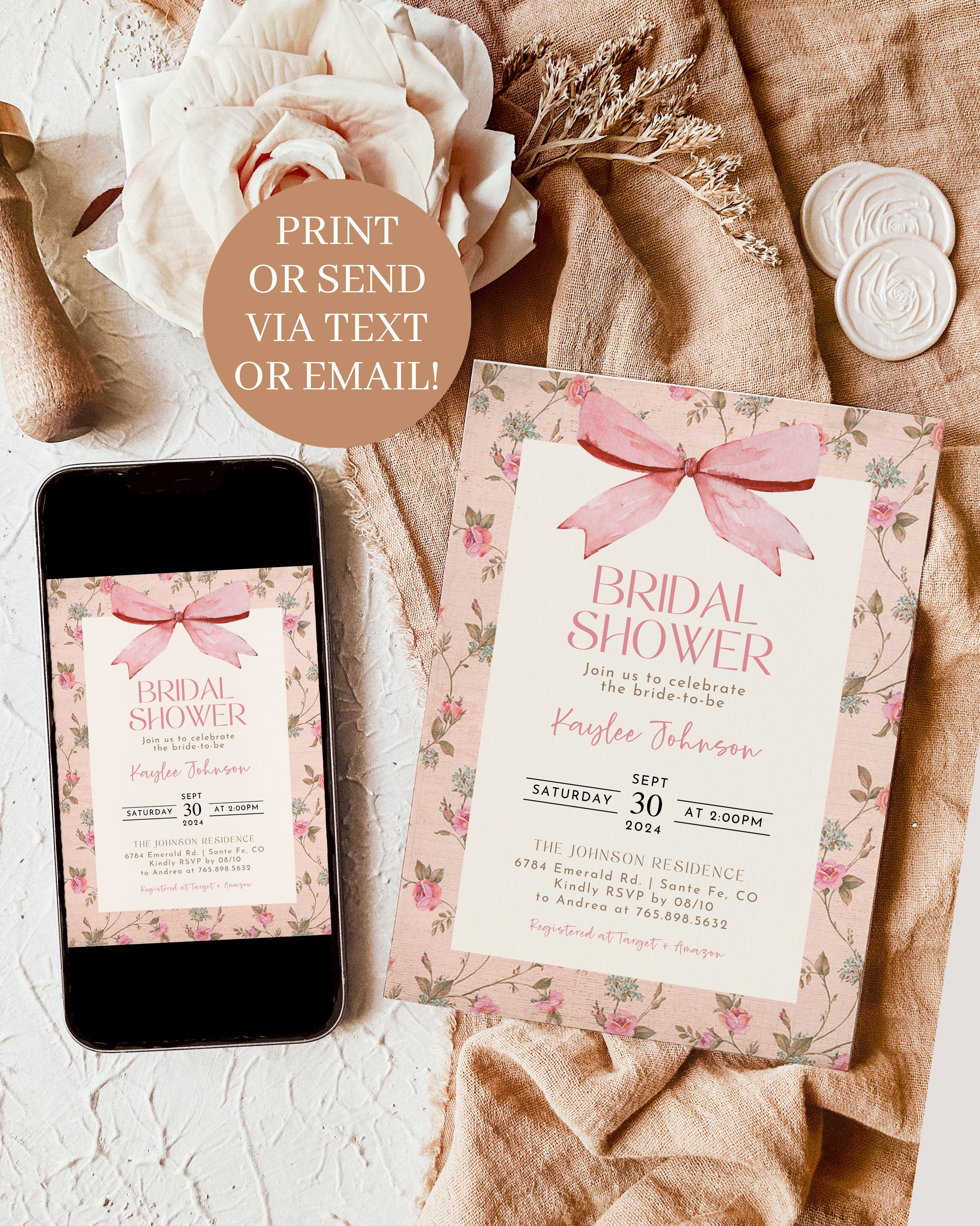 DIY Editable Coquette Shabby Chic Bridal Shower Invitation Template Set ...