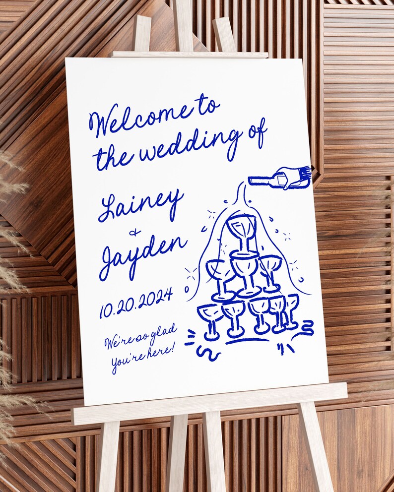 Handwritten Champagne Tower Wedding Welcome Sign Template, Scribble ...