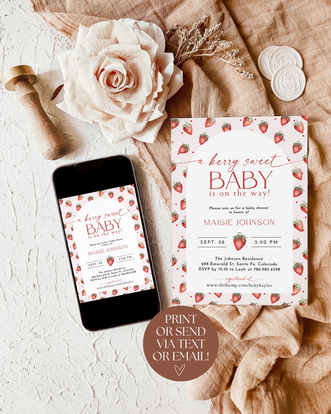 Strawberry Polka Dot Baby Shower Invitation Bundle DIY Editable Berry ...