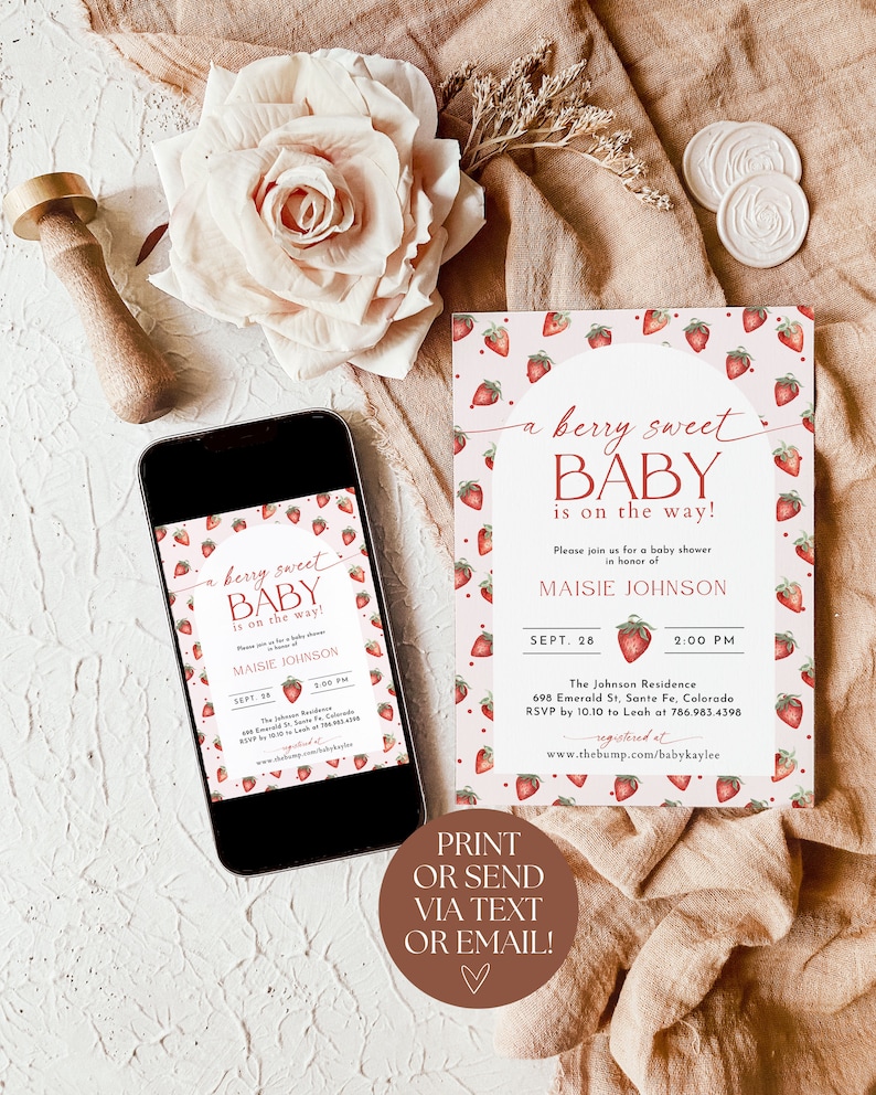 Strawberry Polka Dot Baby Shower Invitation Bundle DIY Editable Berry ...
