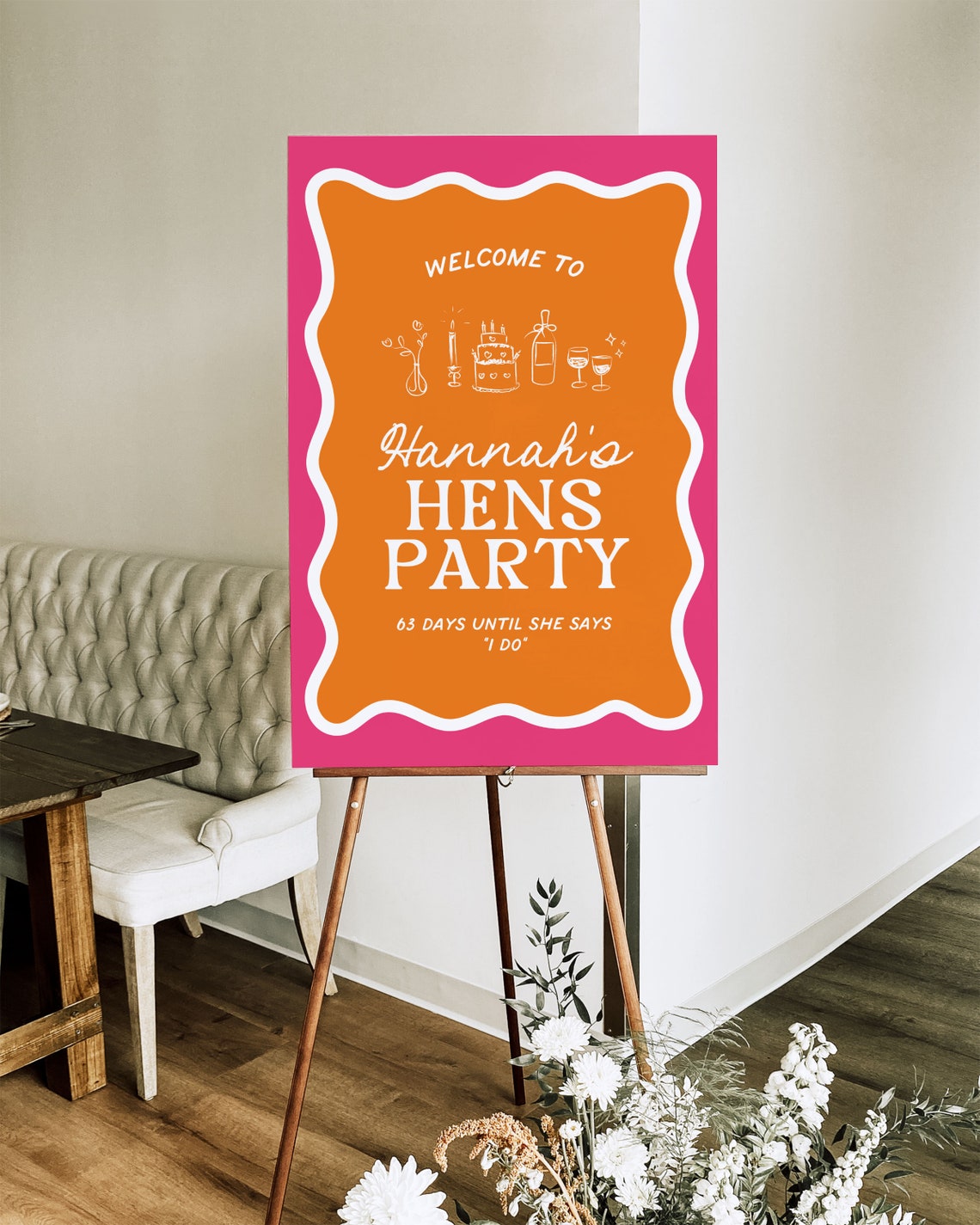 Orange and Pink Hens Party Welcome Sign Template Wavy Border ...