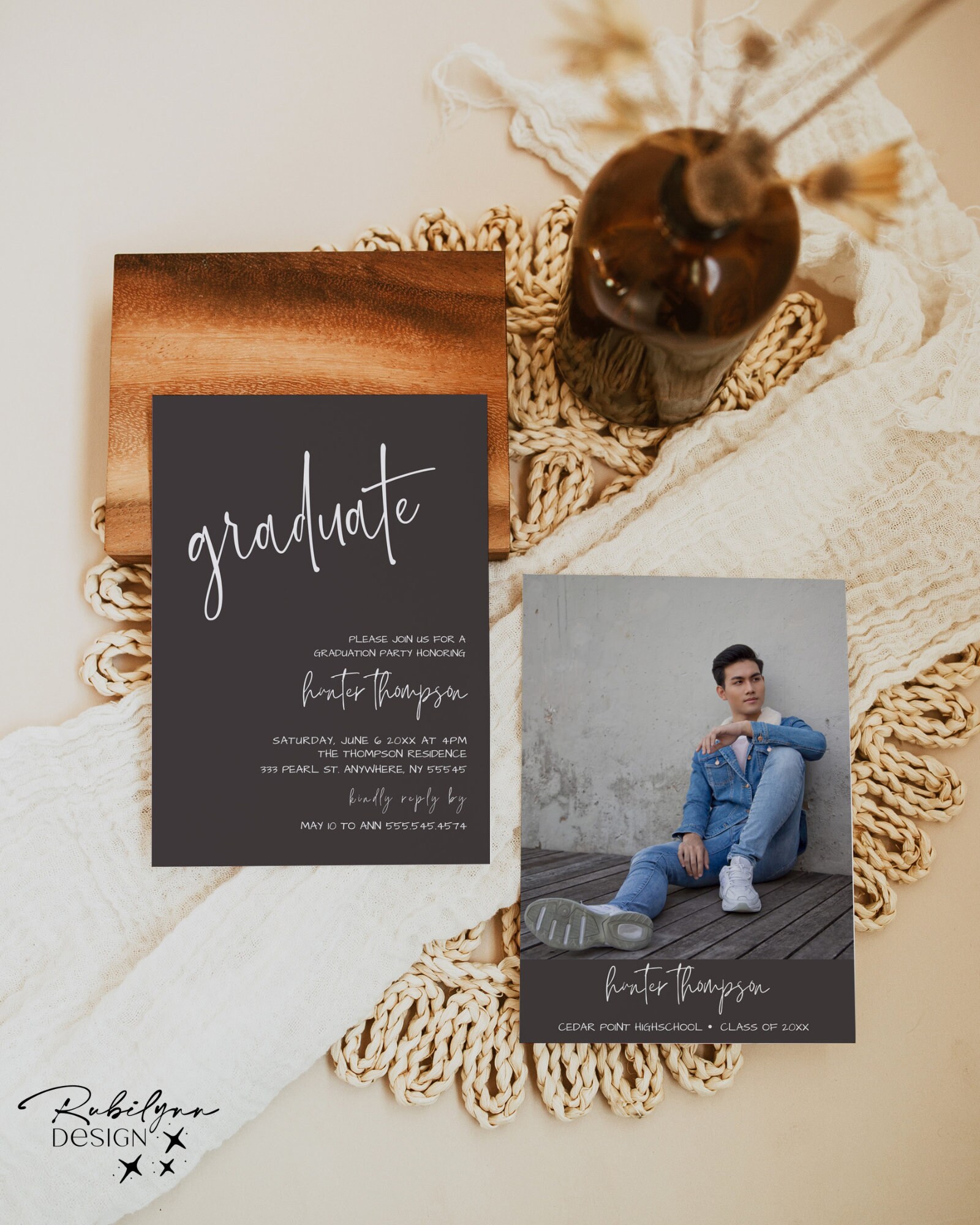 Graduation Party Invitation, Boho Graduation Photo Invite, Grey Invite ...