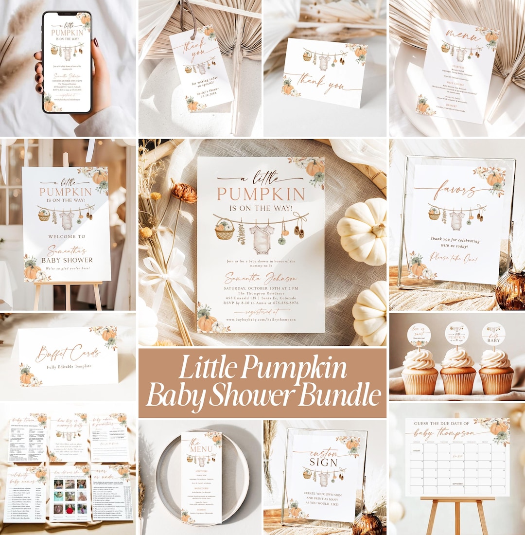 Little Pumpkin Fall Baby Shower Bundle, Floral Pumpkin Set, Editable ...