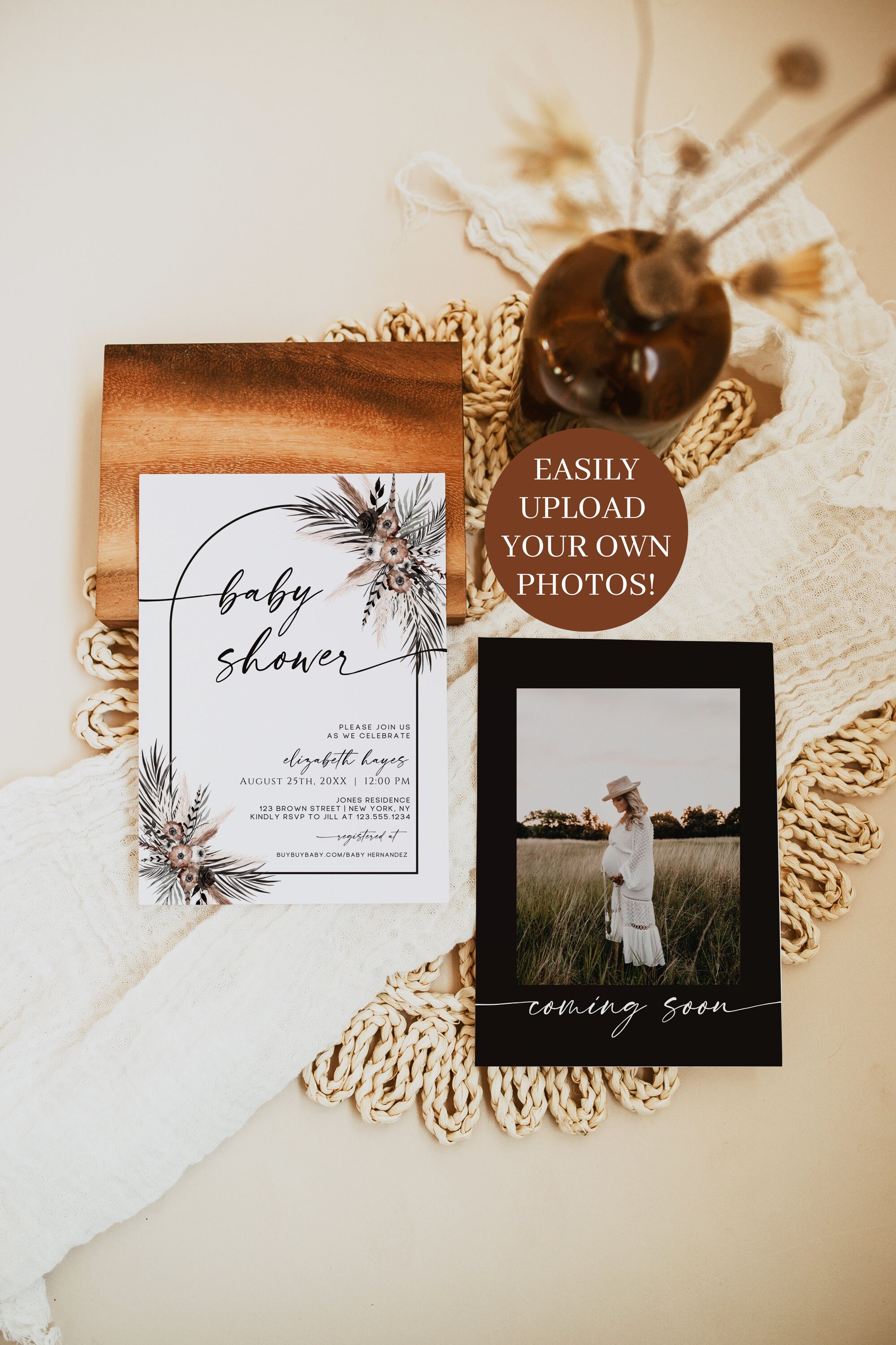 Boho Baby Shower Invitation Template, DIY Editable Pampas Grass Invites ...
