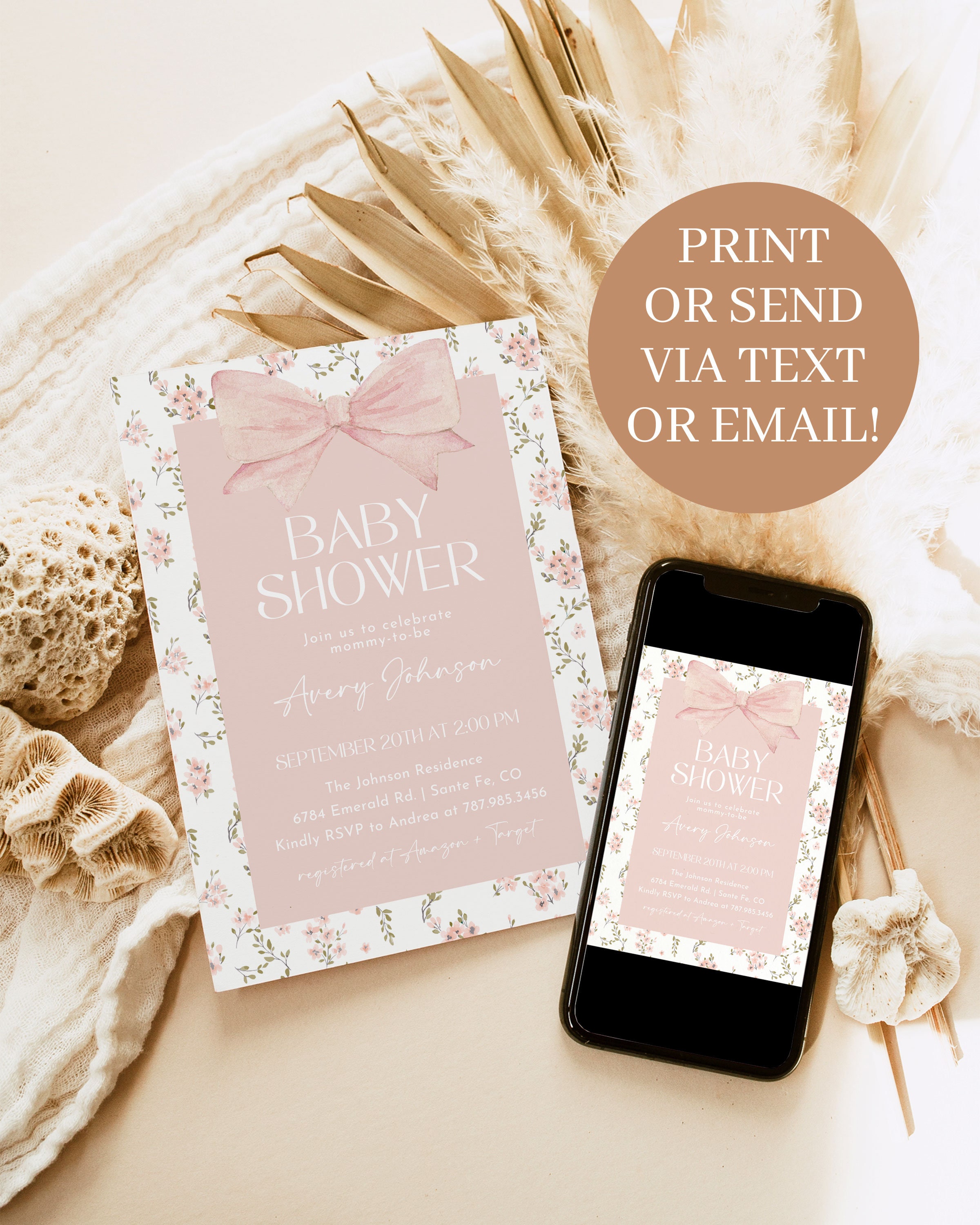 Coquette Shabby Chic Baby Shower Invitation Set, Customizable Printable ...