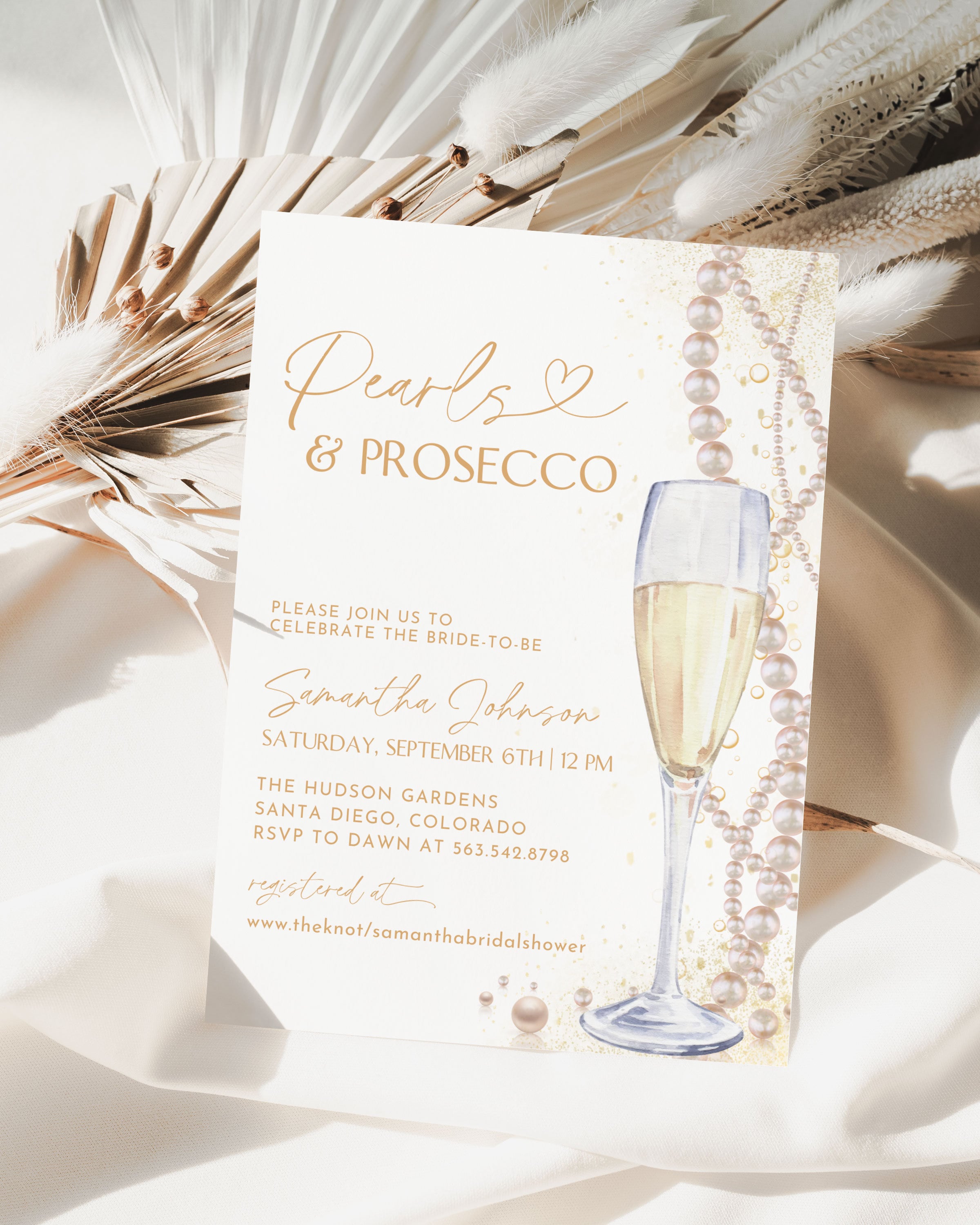 Pearls and Prosecco Bridal Shower Invitation Template, DIY Editable ...