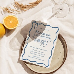 Blue Bow Curvy Border Boy Baby Shower Invitation Set Modern Wavy Frame ...