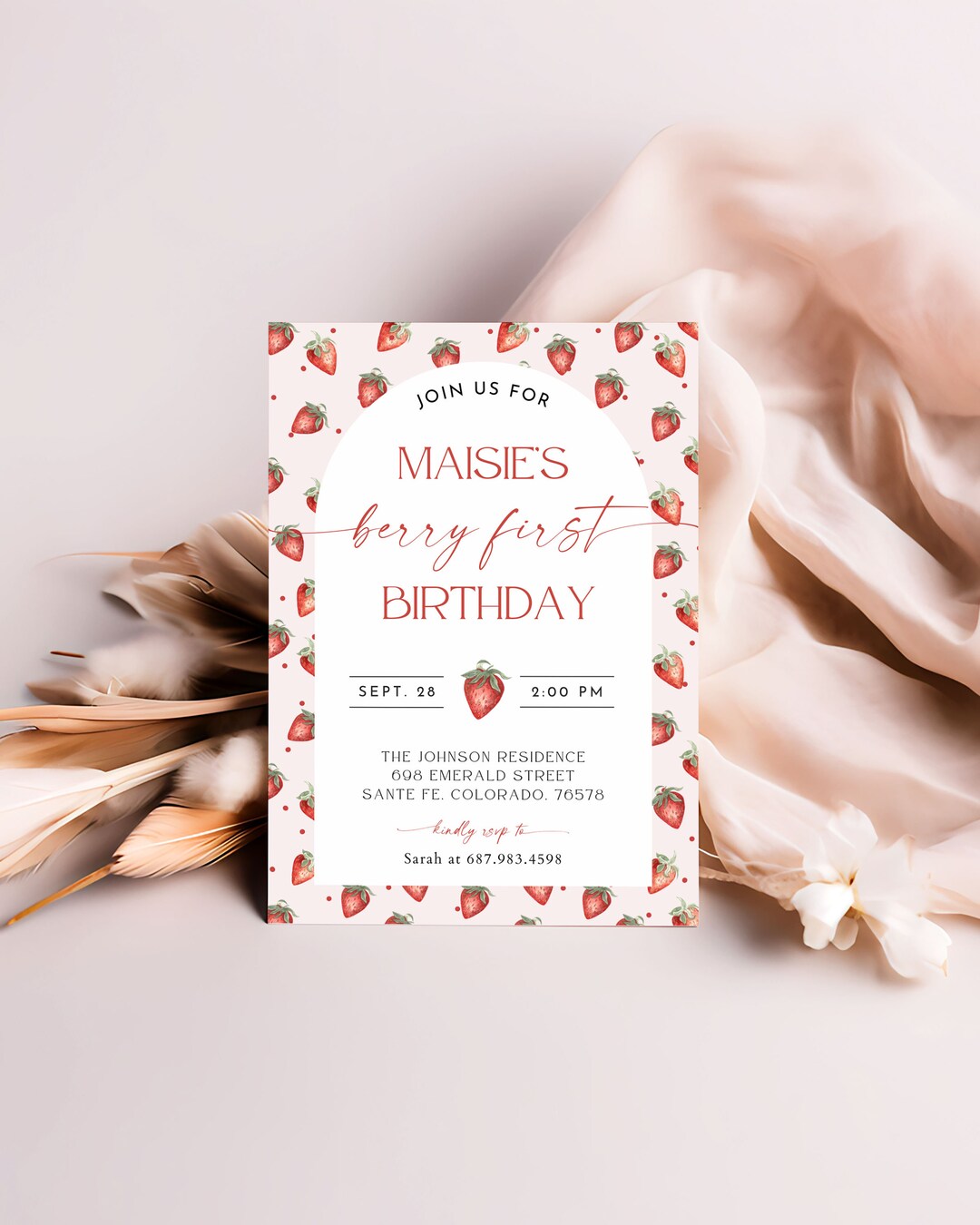 Strawberry 1st Birthday Invitation Template Girl Birthday Party Berry ...