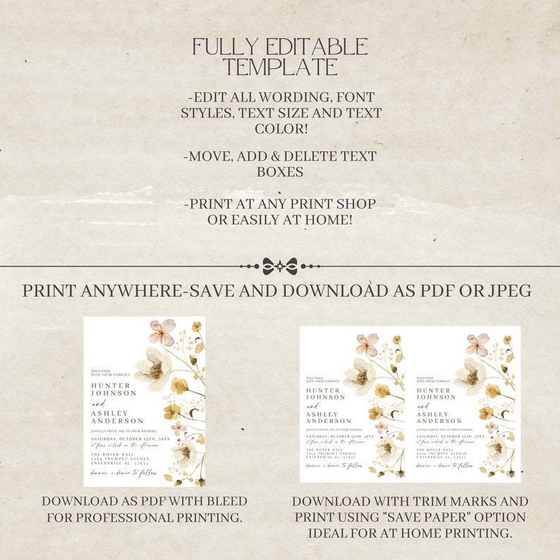 Wildflower Wedding Invitation Template Printable Wedding - Etsy