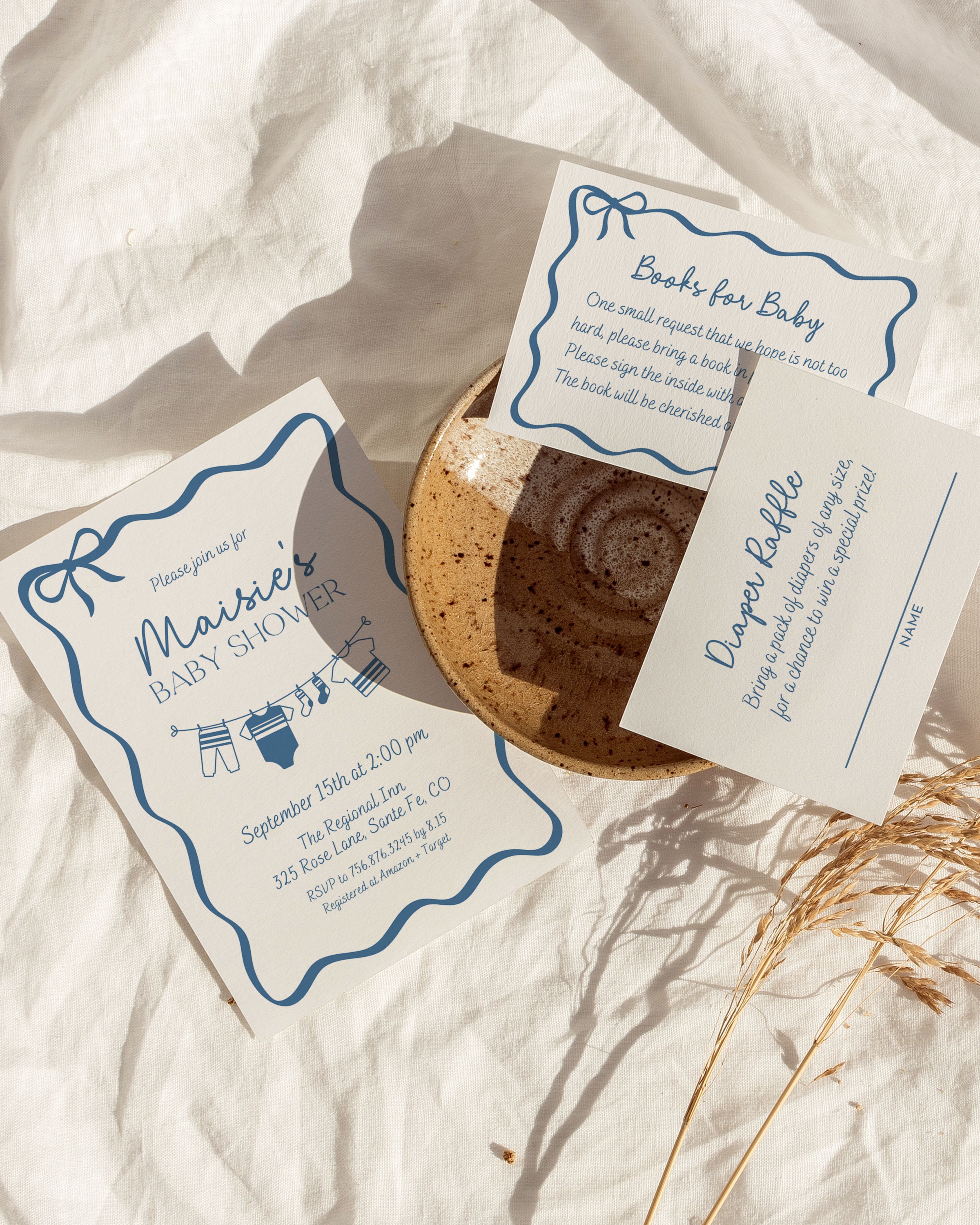 Blue Bow Curvy Border Boy Baby Shower Invitation Set Modern Wavy Frame ...