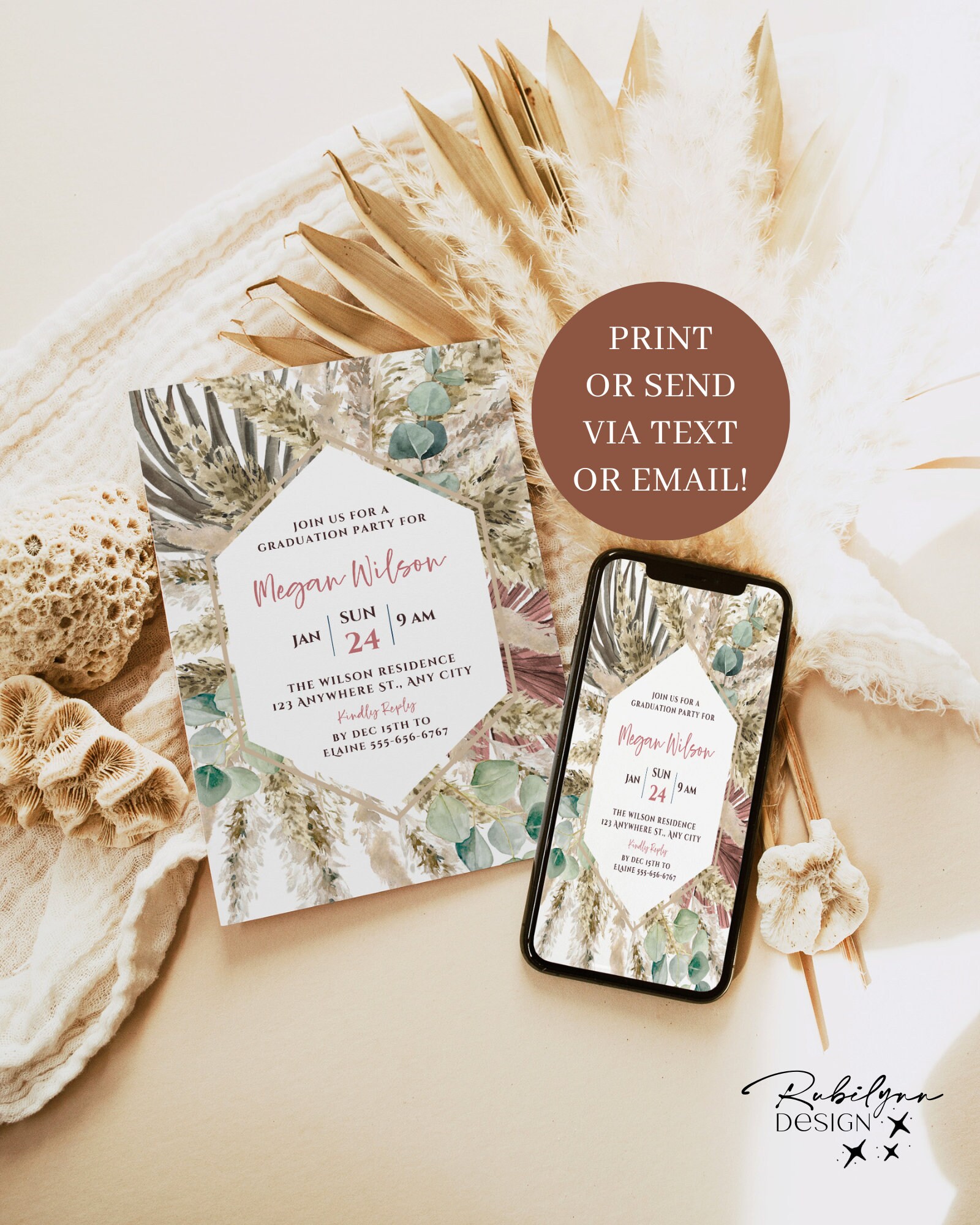 Boho Graduation Party Invitation, Rustic Graduation Invitation, Floral ...