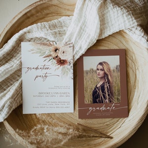 Boho Graduation Party Invitation, Pampas Grass Photo Invite, Bohemian ...