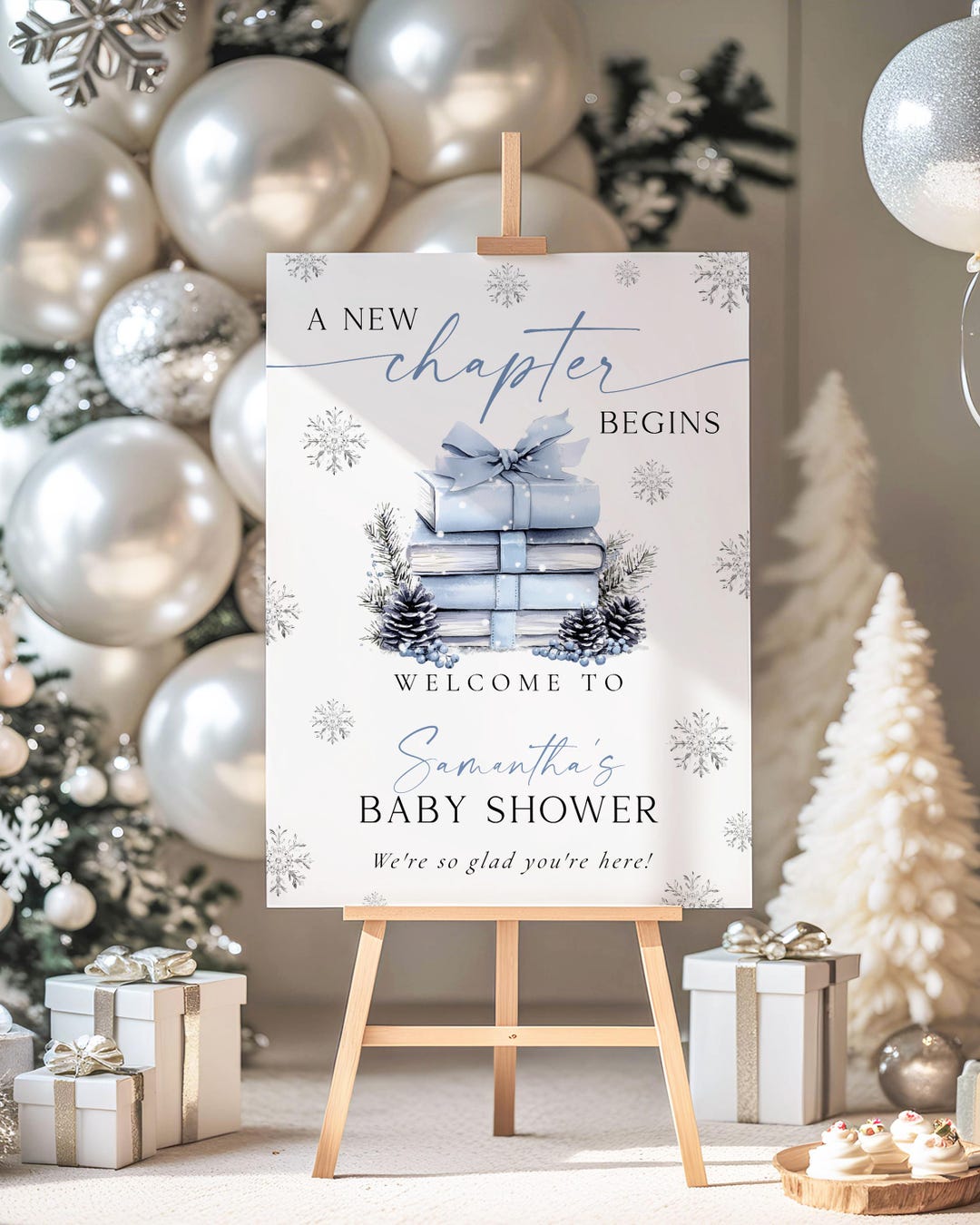 Blue Bow Winter Baby Shower Welcome Sign A New Chapter Begins Welcome ...
