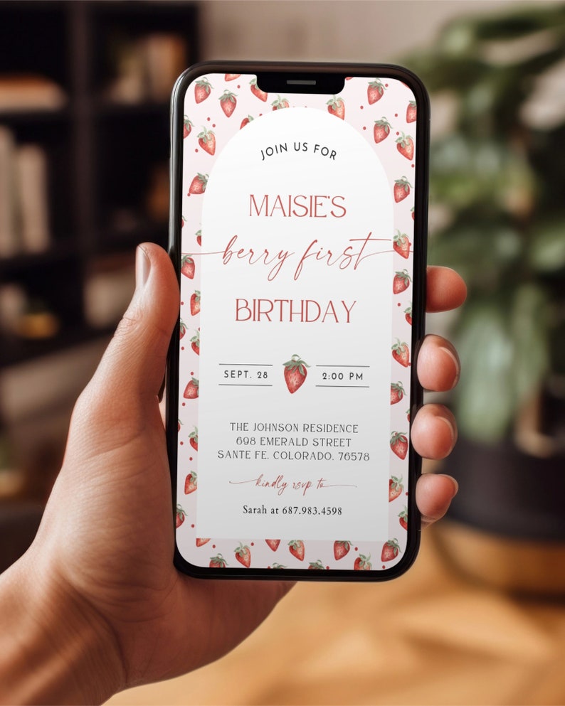 Strawberry 1st Birthday Invitation Template Girl Birthday Party Berry ...