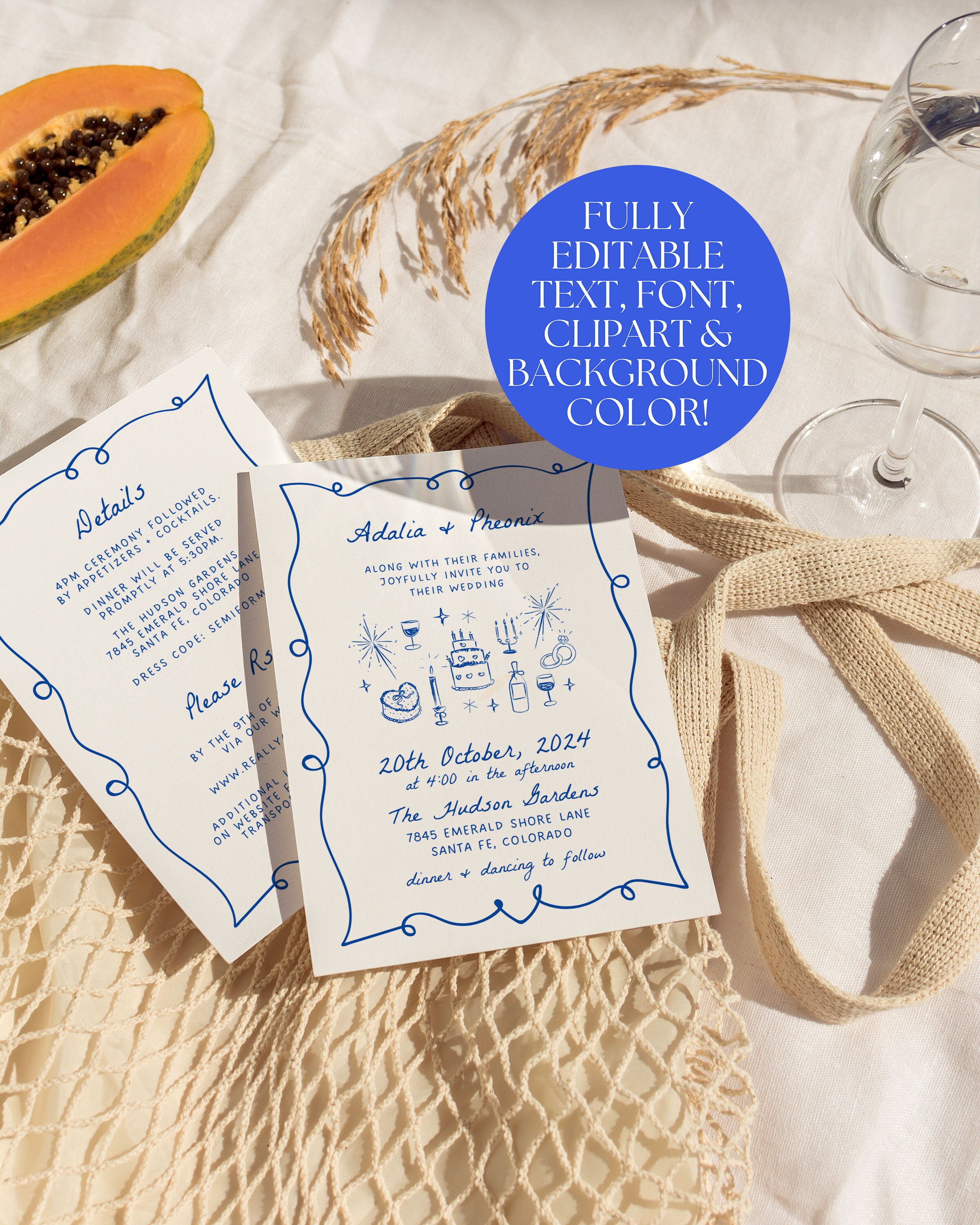 Hand Drawn Wedding Invitation Template, Whimsical Double Sided Invites ...