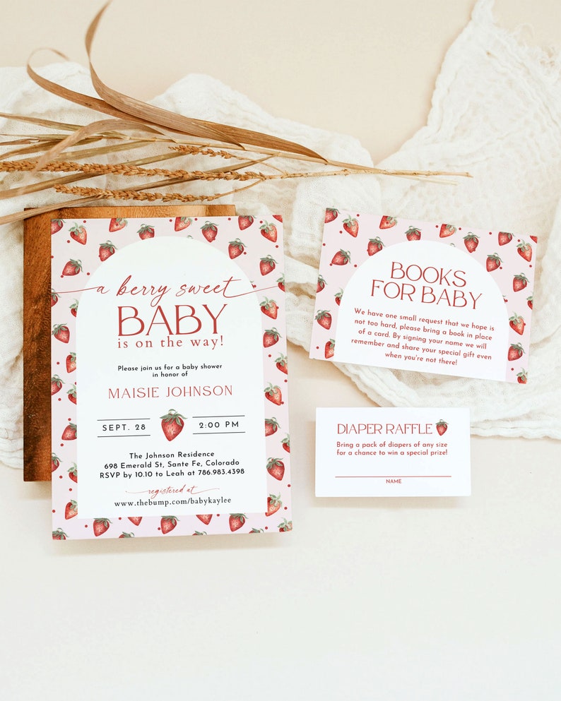Strawberry Polka Dot Baby Shower Invitation Bundle DIY Editable Berry ...