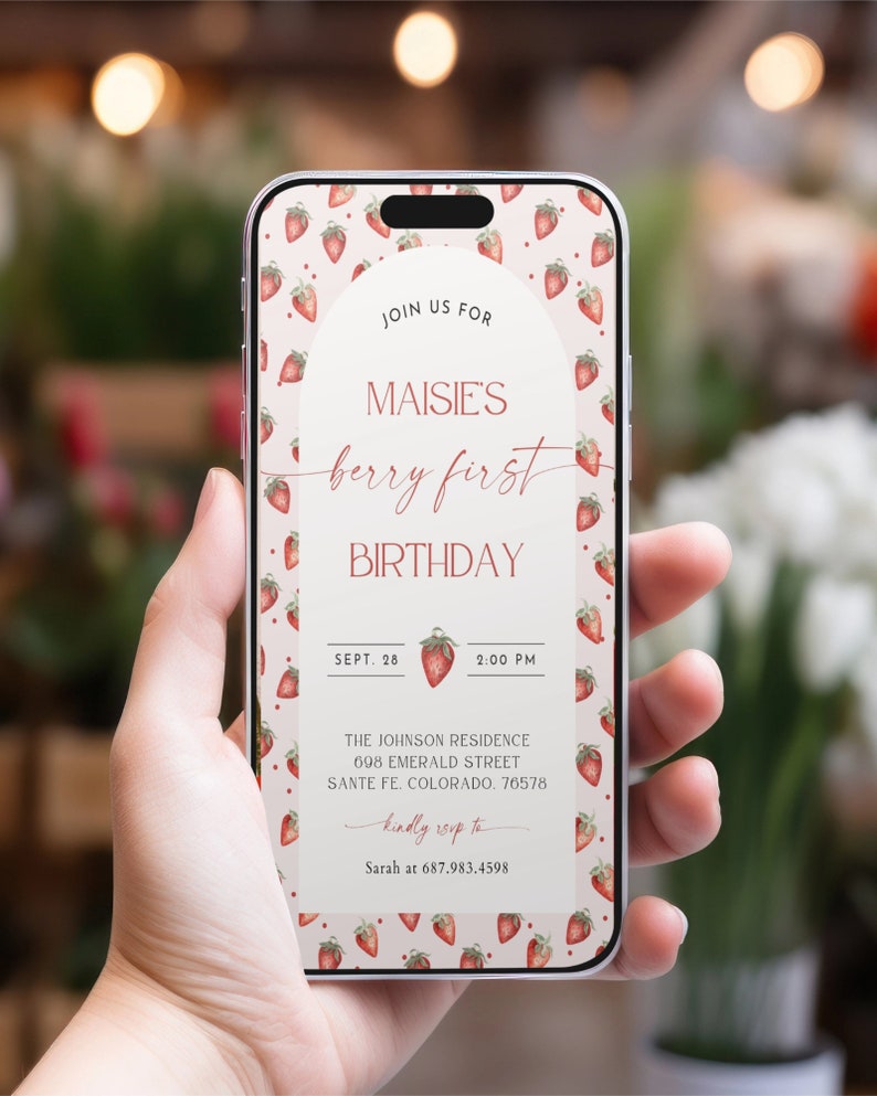 Strawberry 1st Birthday Invitation Template Girl Birthday Party Berry ...