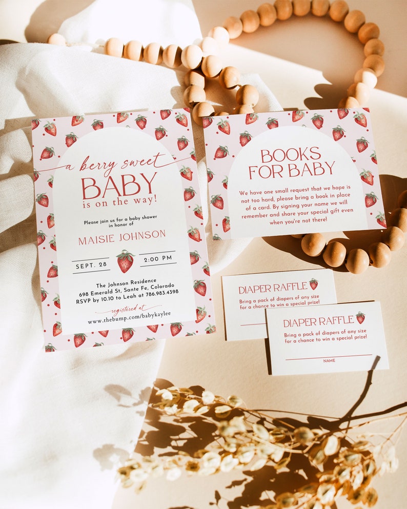 Strawberry Polka Dot Baby Shower Invitation Bundle DIY Editable Berry ...