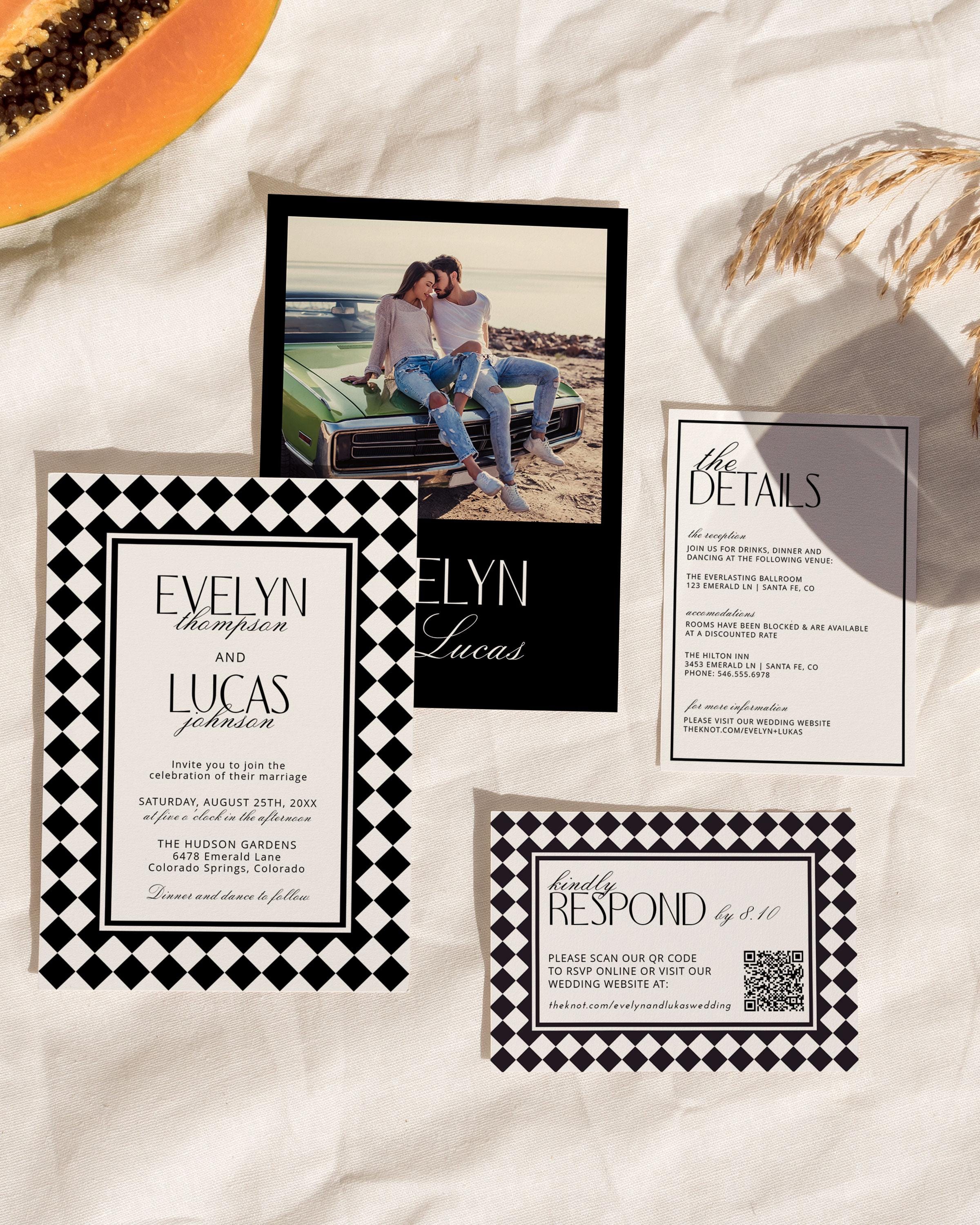 Modern Retro Checkered Wedding Invitation Template, Editable Vintage ...