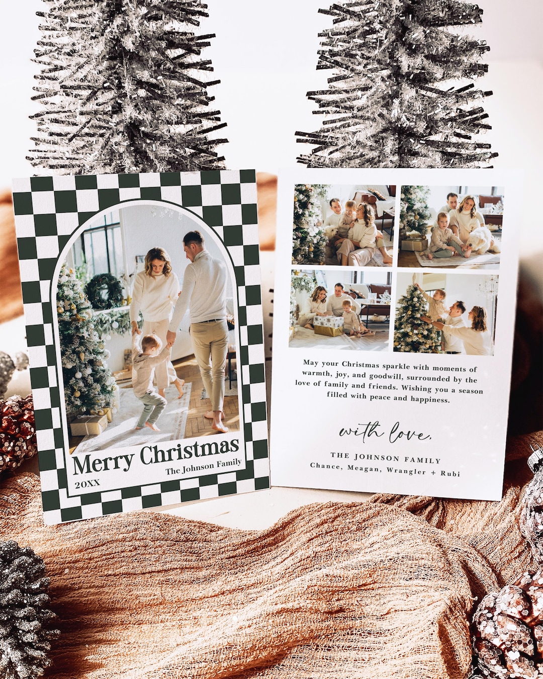 Checkered Photo Christmas Card Template Editable Holiday Arch Photo ...