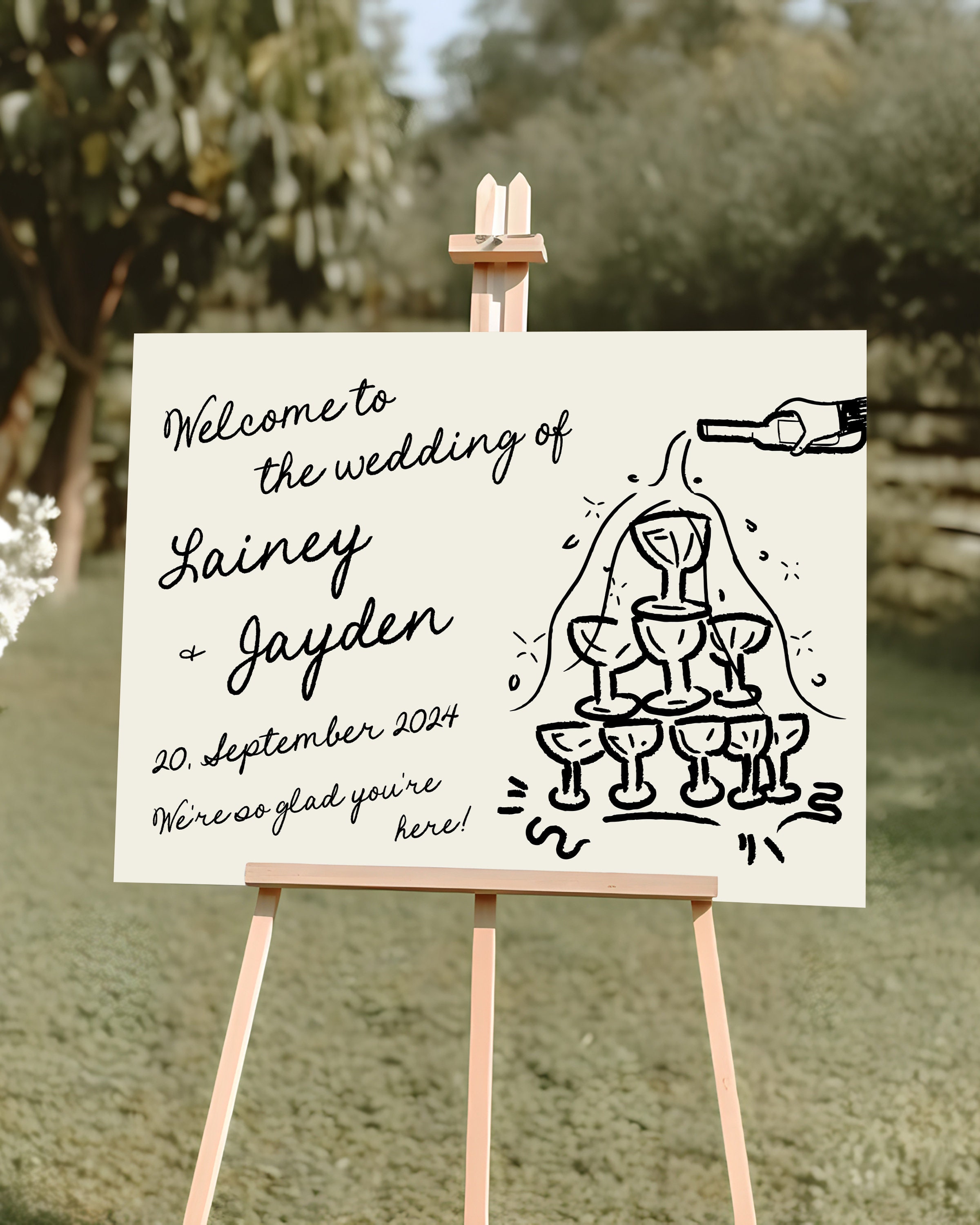 Handwritten Champagne Tower Wedding Welcome Sign Template, Scribble ...