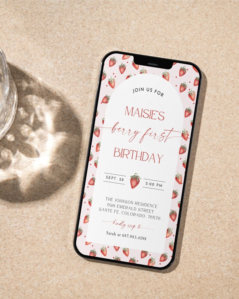 Strawberry 1st Birthday Invitation Template Girl Birthday Party Berry ...