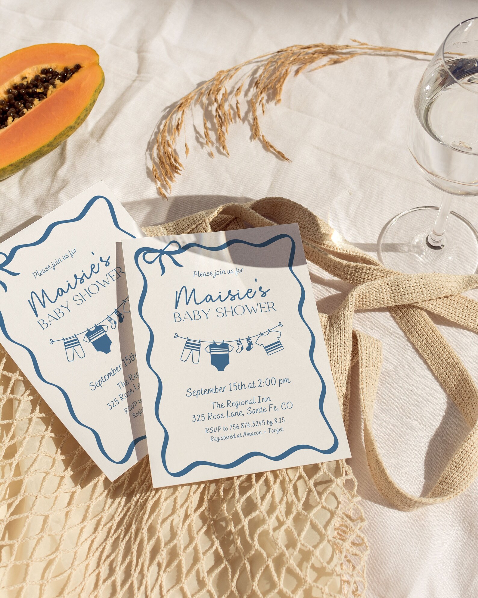 Blue Bow Curvy Border Boy Baby Shower Invitation Set Modern Wavy Frame ...