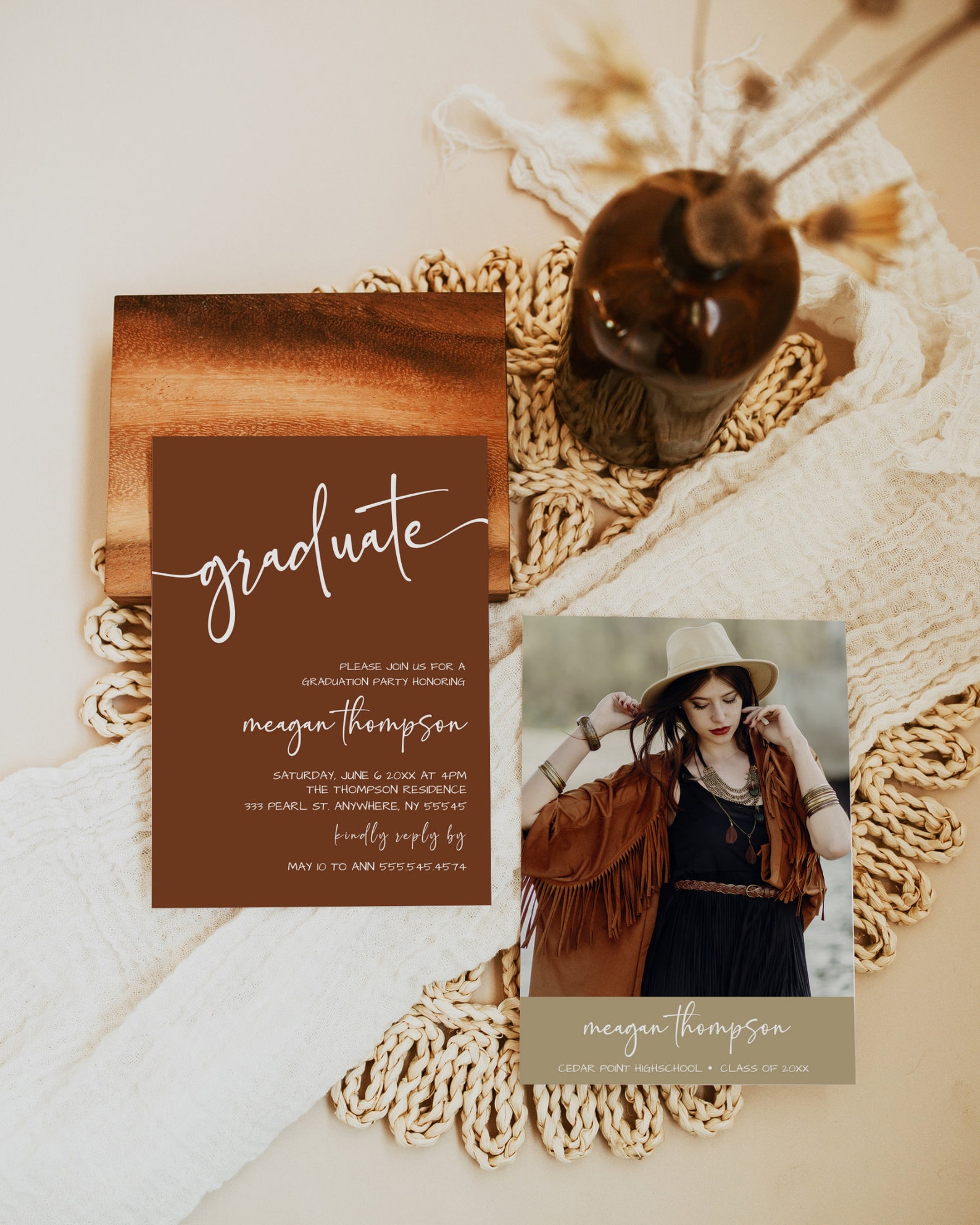 Rustic Terracotta Graduation Party Invitation, DIY Printable Boho ...
