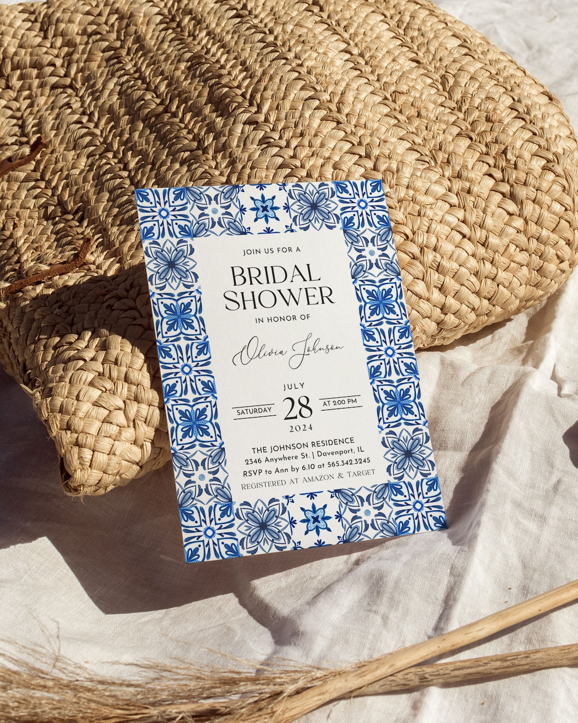 Mediterranean Tile Bridal Shower Invitation Template, Dark Blue Italian ...