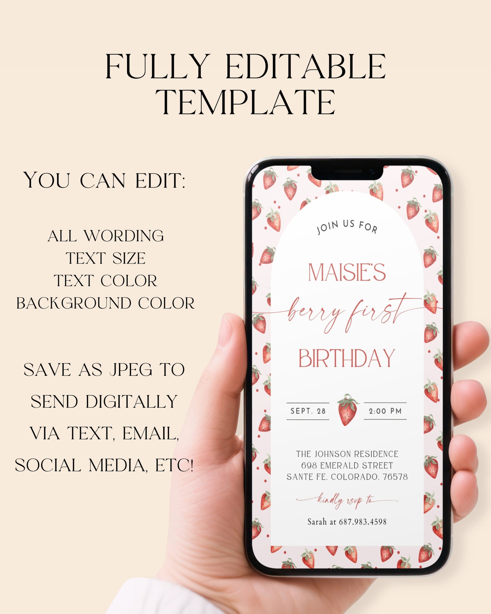 Strawberry 1st Birthday Invitation Template Girl Birthday Party Berry ...