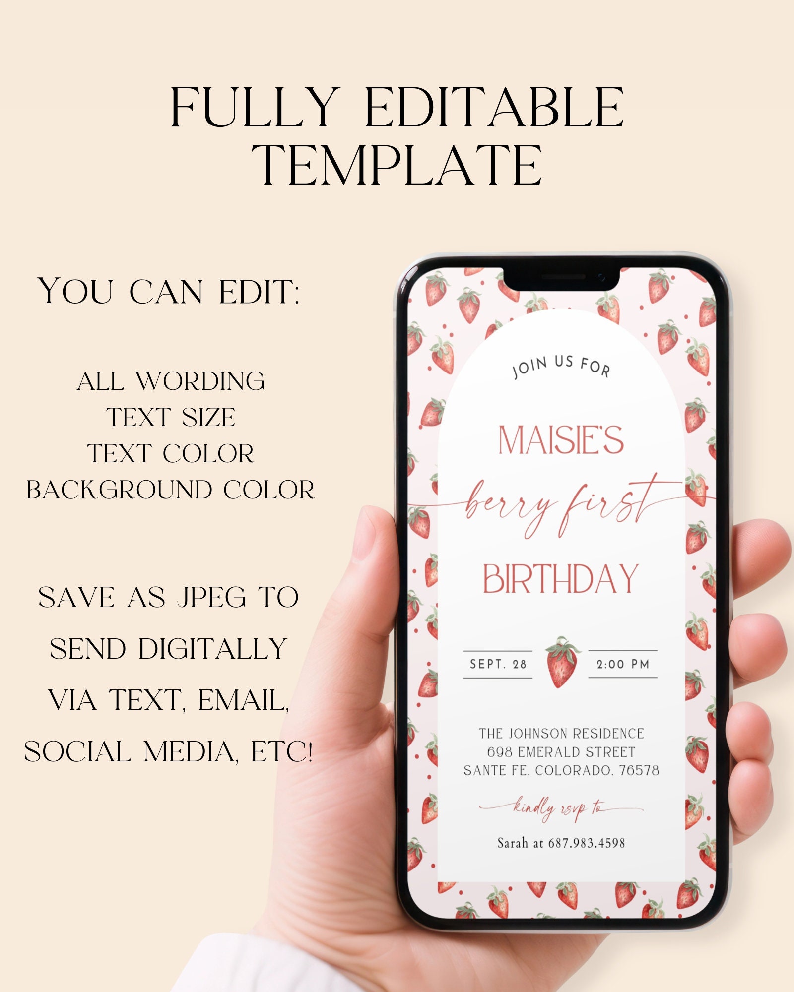 Strawberry 1st Birthday Invitation Template Girl Birthday Party Berry ...