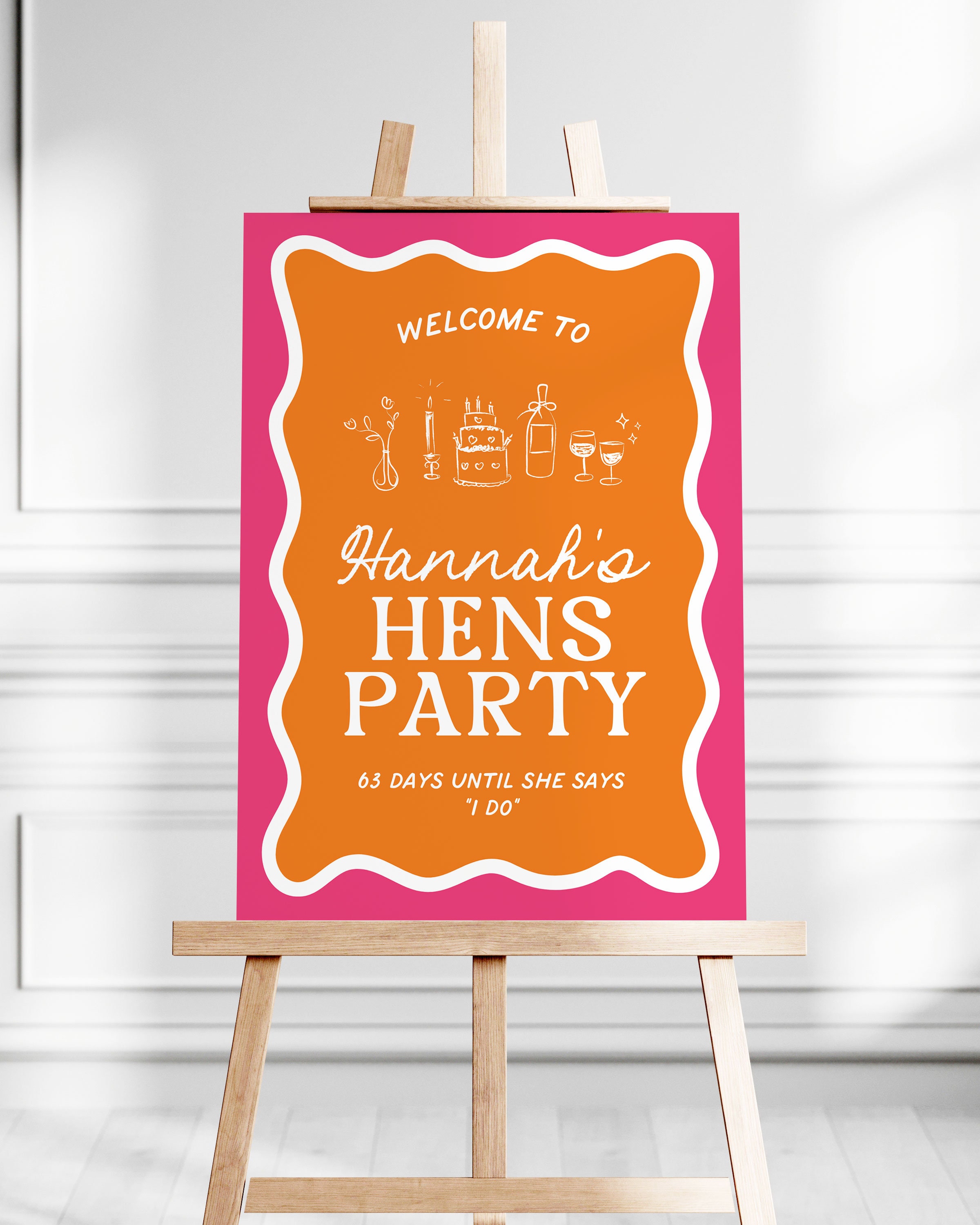 Orange and Pink Hens Party Welcome Sign Template Wavy Border ...