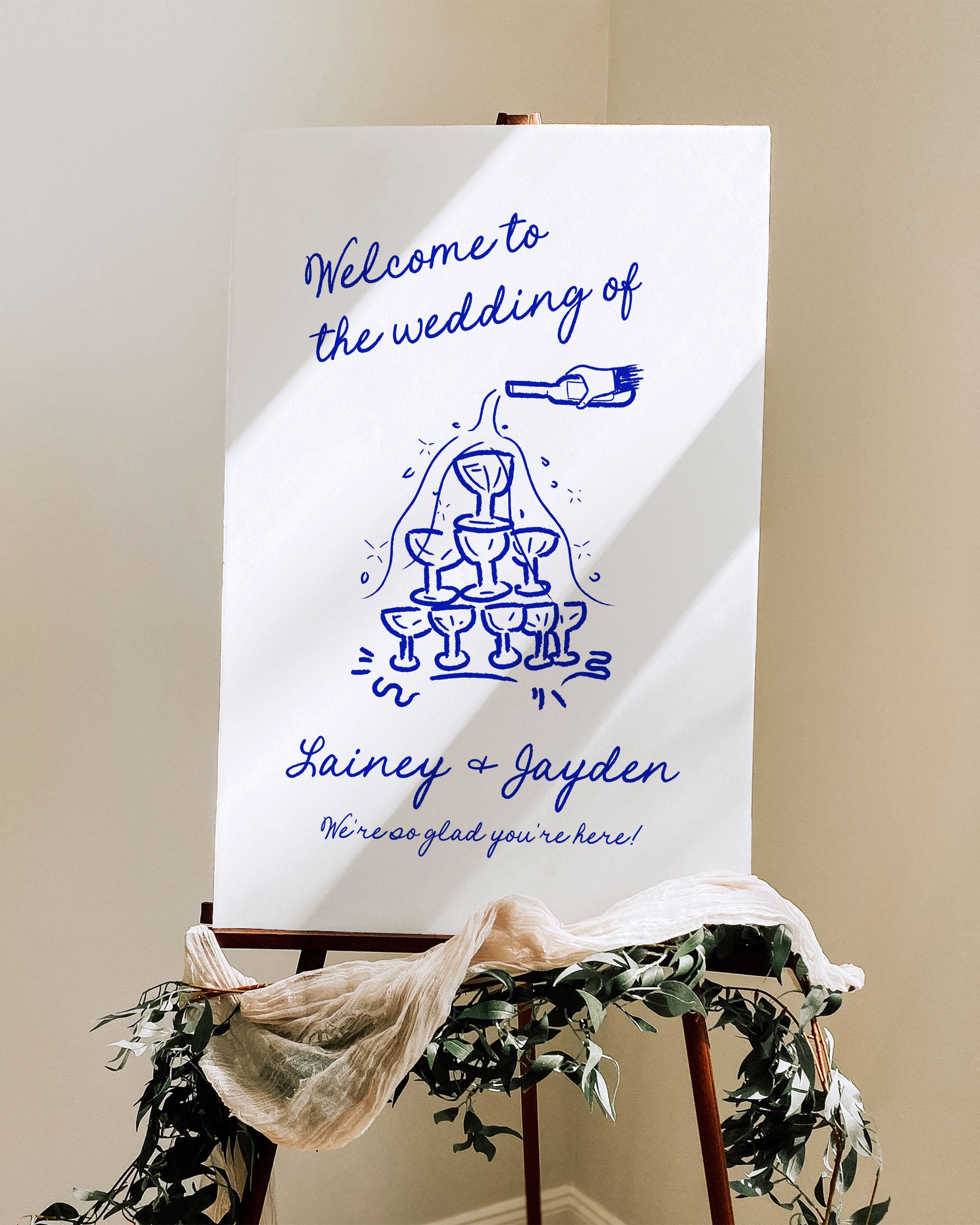 Handwritten Champagne Tower Wedding Welcome Sign Template, Scribble ...