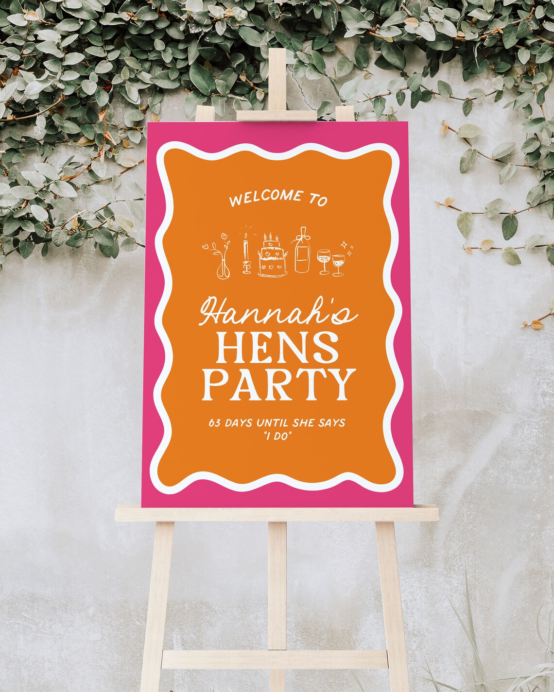 Orange and Pink Hens Party Welcome Sign Template Wavy Border ...
