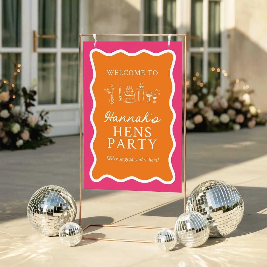 Printed + Shipped Orange + Pink Hens Party Welcome Sign, Wavy Border ...