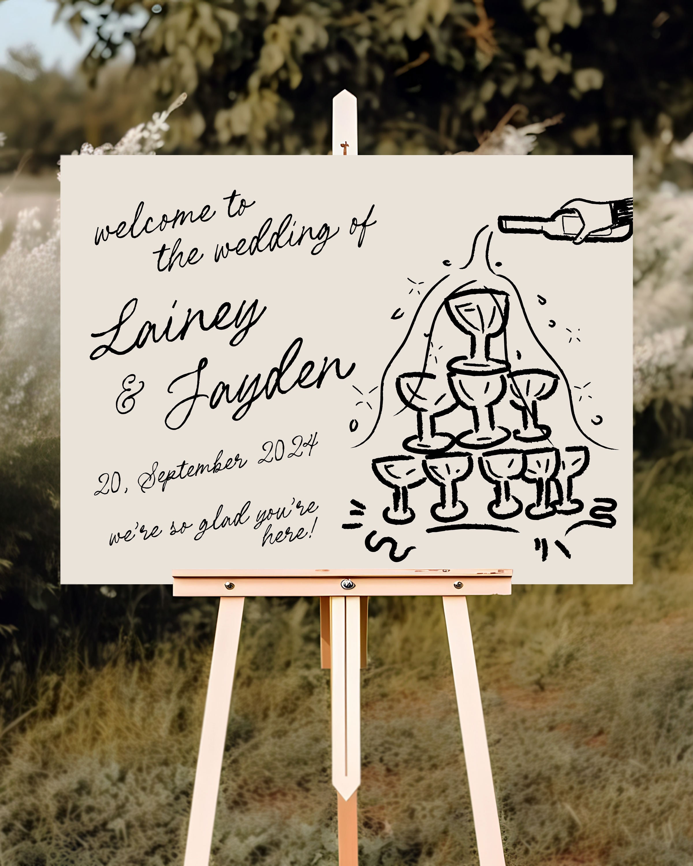 Handwritten Champagne Tower Wedding Welcome Sign Template, Scribble ...