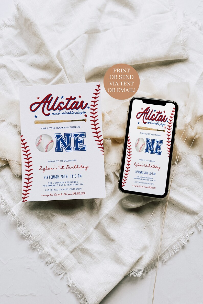 Baseball First Birthday Invitation, Allstar MVP Baseball Invite ...