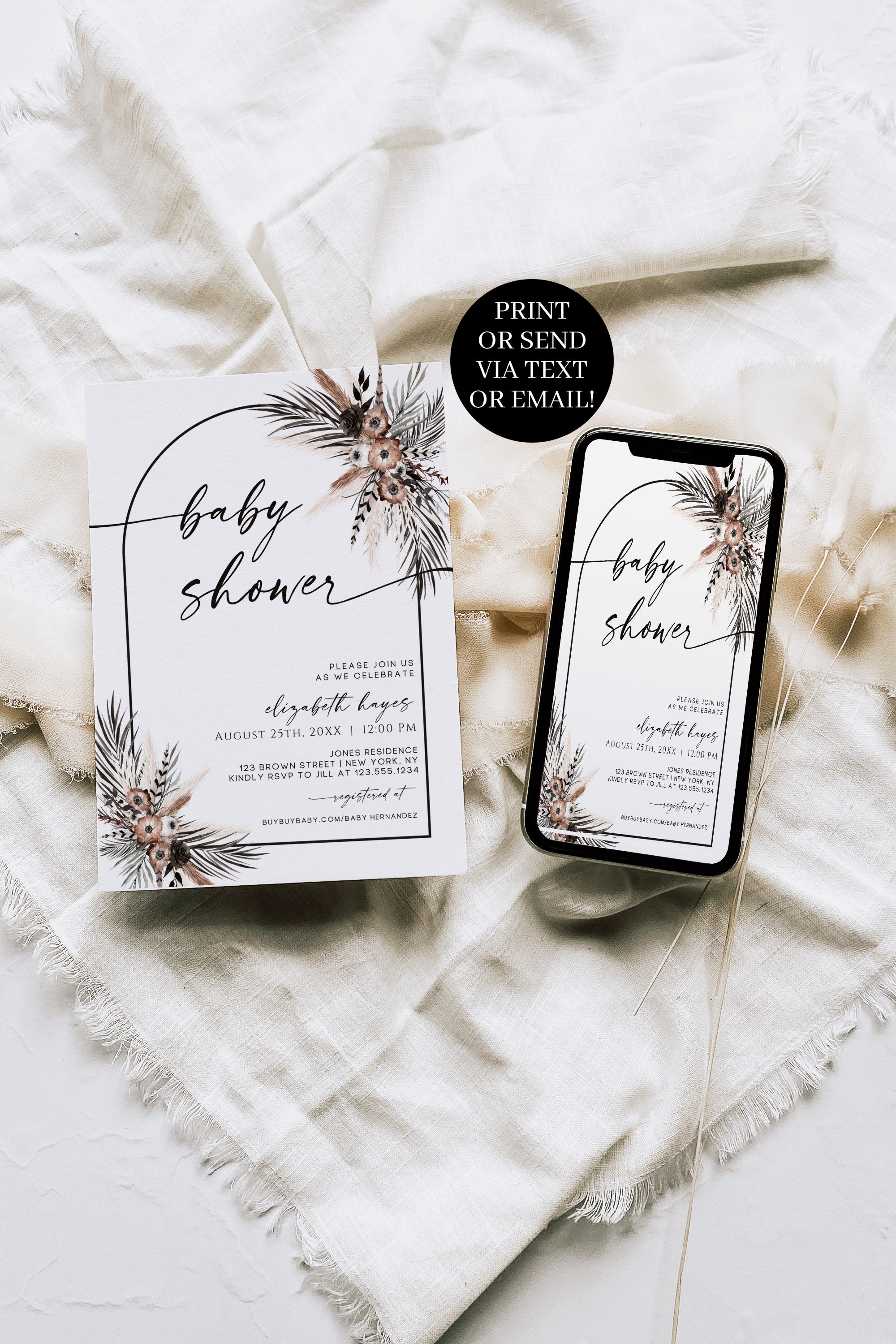 Boho Baby Shower Invitation Template, DIY Editable Pampas Grass Invites ...