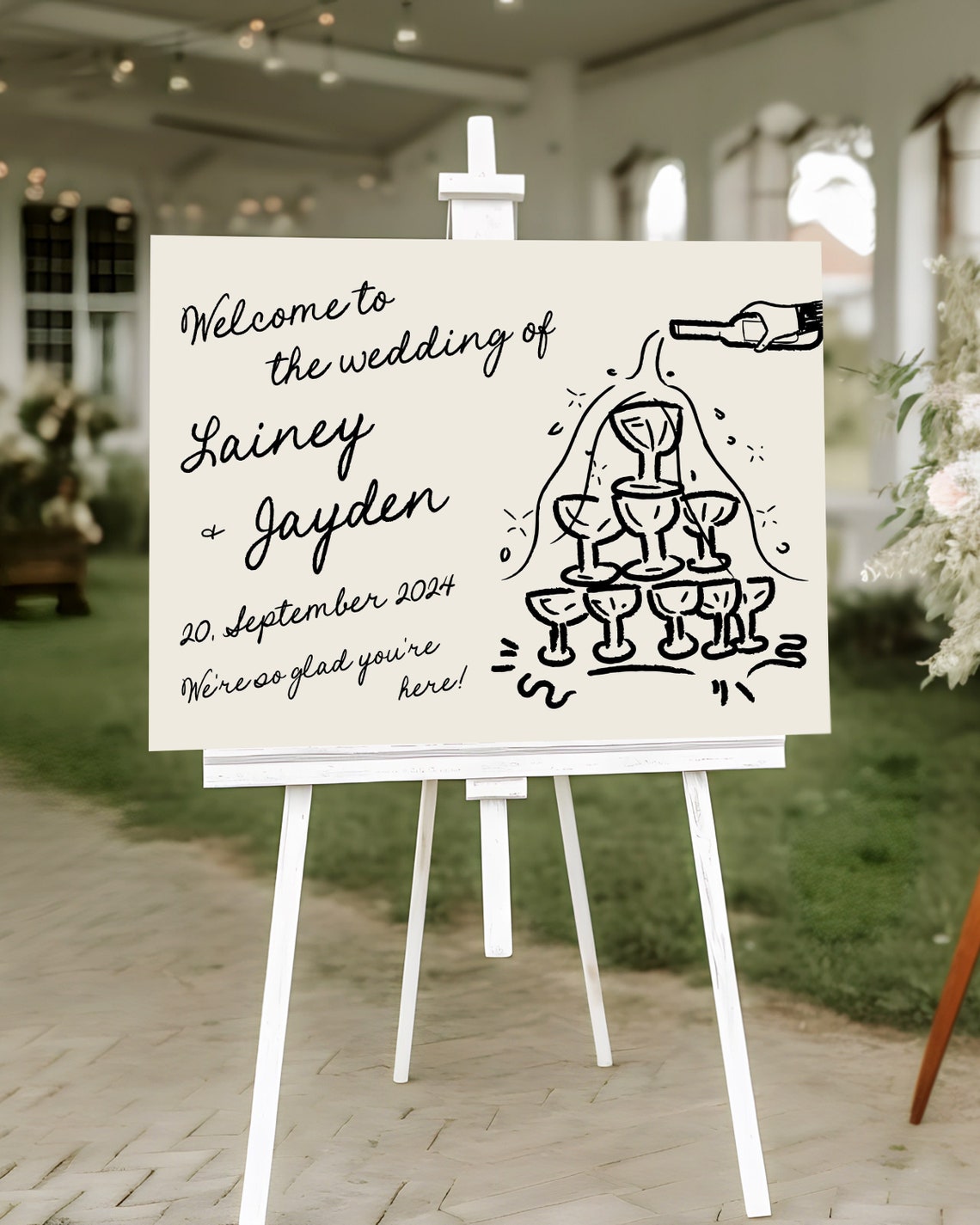 Handwritten Champagne Tower Wedding Welcome Sign Template, Scribble ...