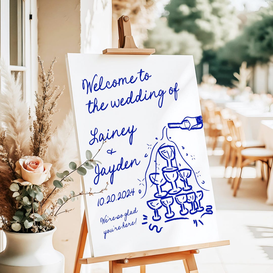Handwritten Champagne Tower Wedding Welcome Sign Template, Scribble ...