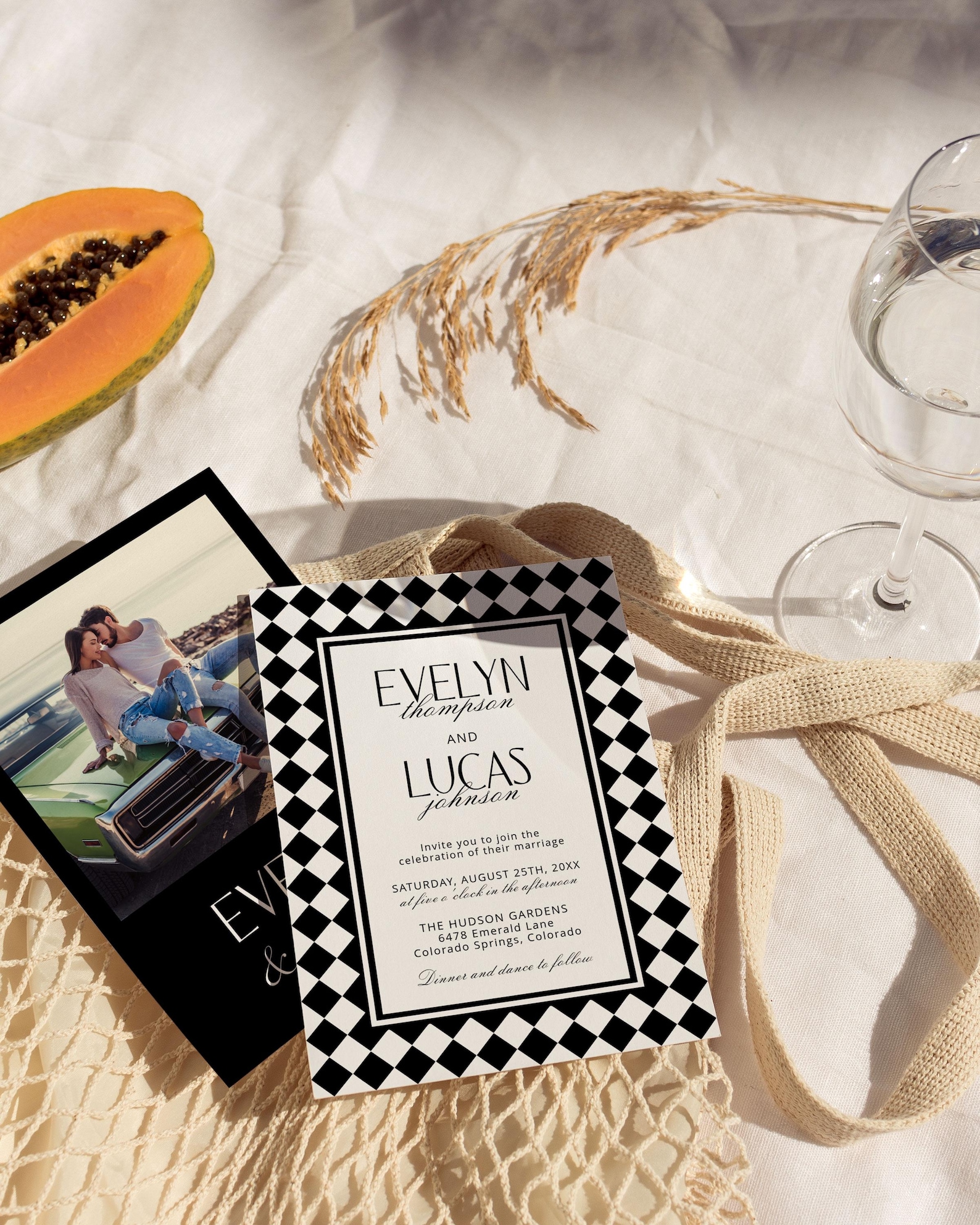 Modern Retro Checkered Wedding Invitation Template, Editable Vintage ...