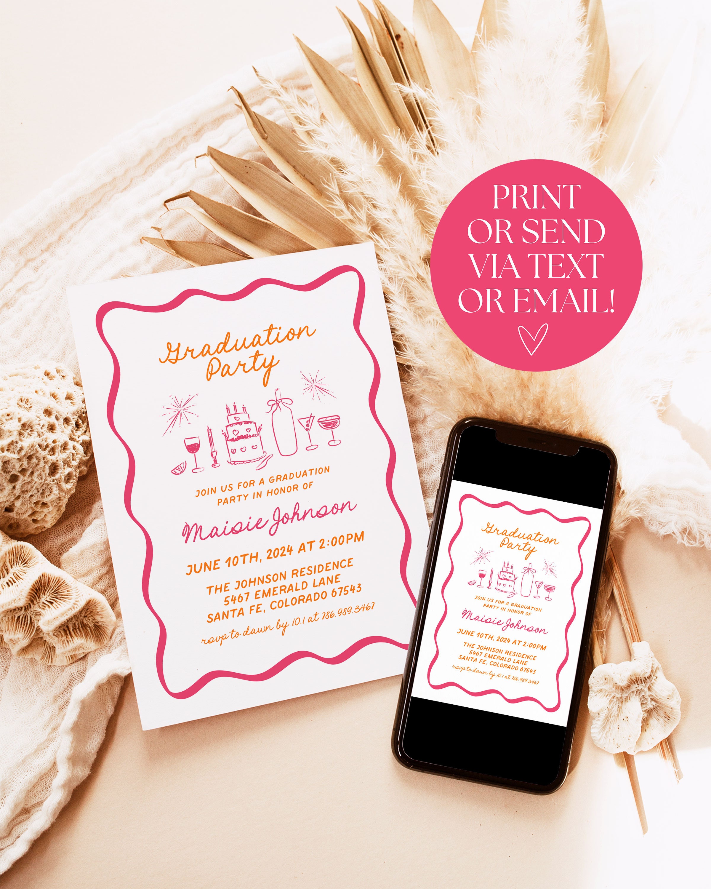 Whimsical Hand Drawn Graduation Party Invite Handwritten Wavy Border ...