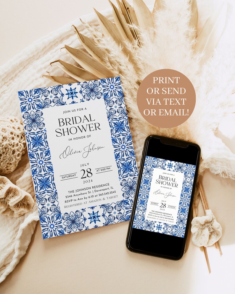 Mediterranean Tile Bridal Shower Invitation Template, Dark Blue Italian ...