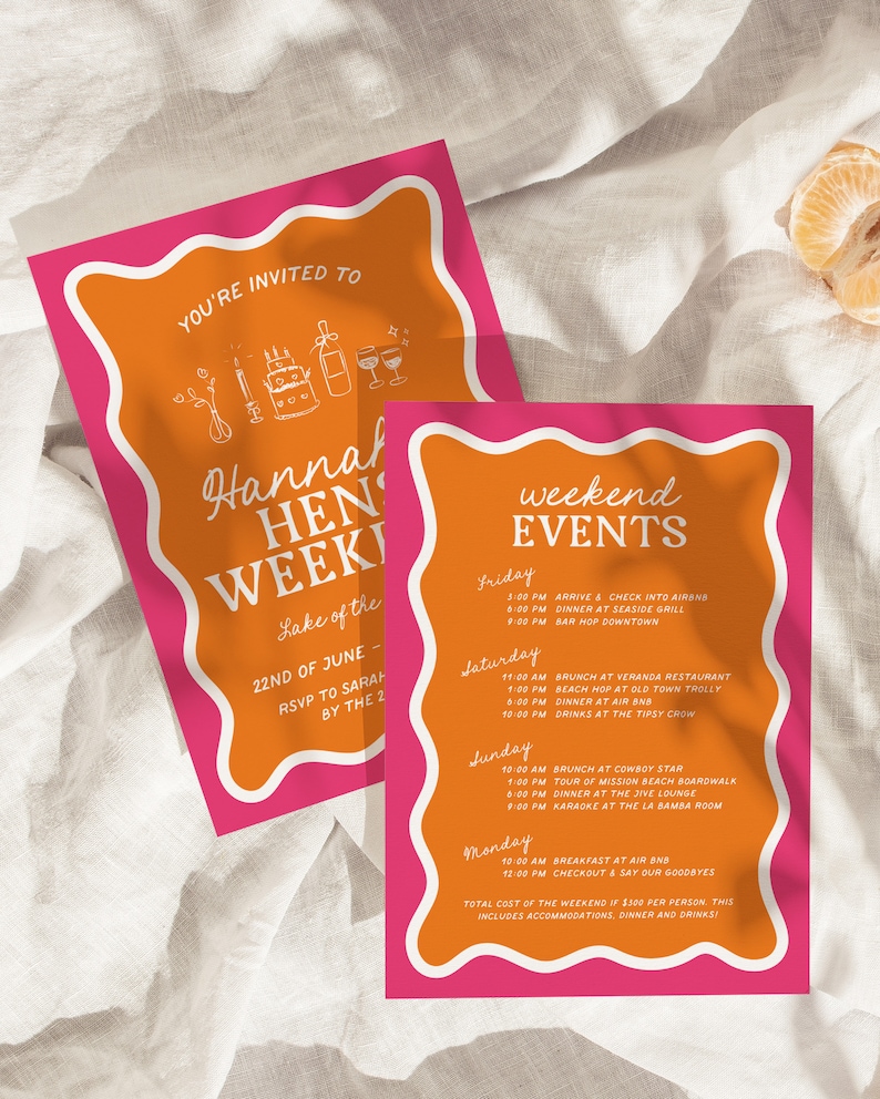 Orange and Pink Hens Party Itinerary Invite Template Wavy Border ...