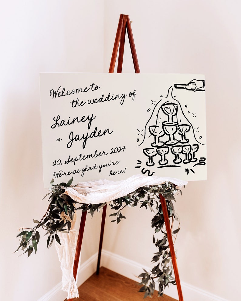 Handwritten Champagne Tower Wedding Welcome Sign Template, Scribble ...