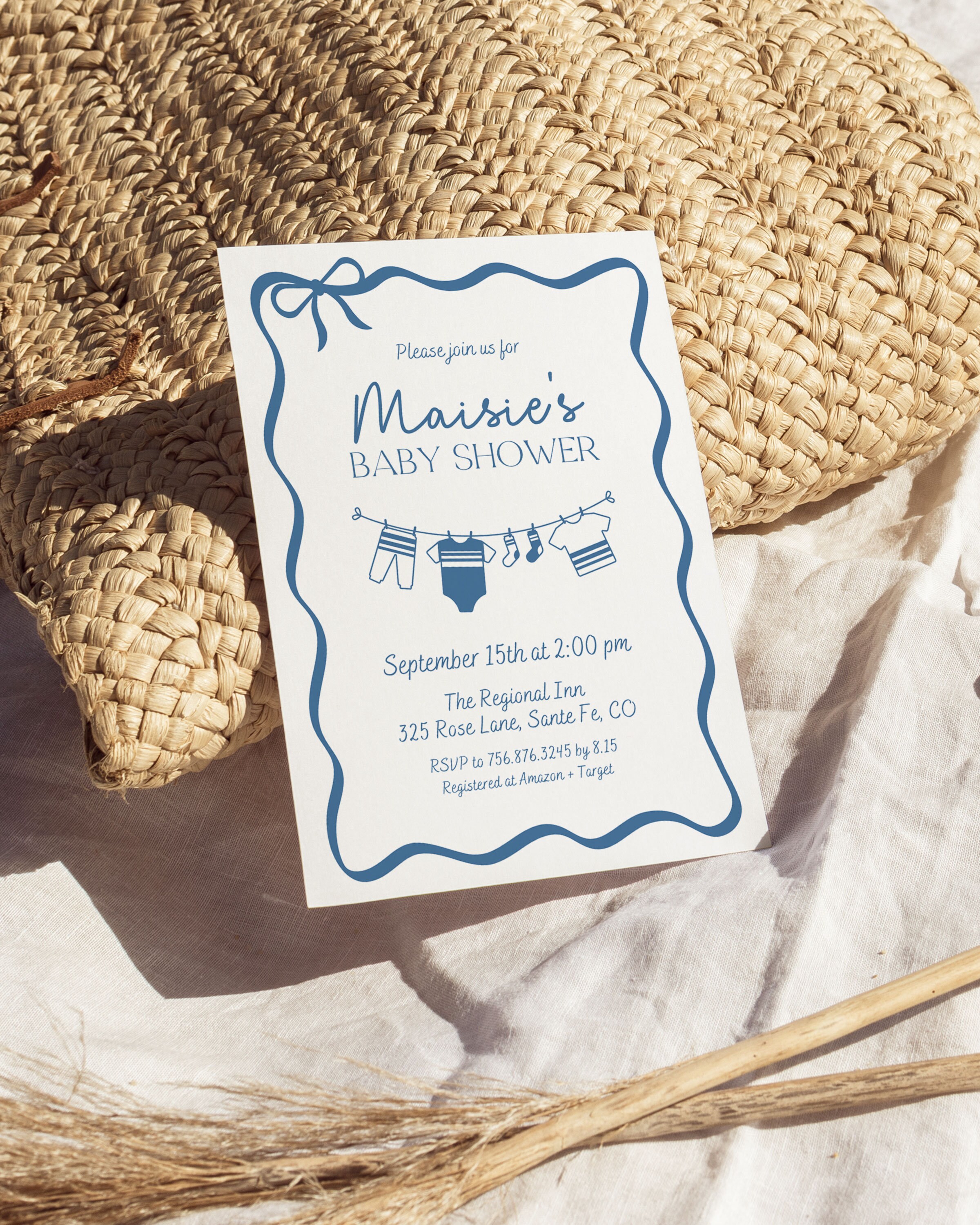 Blue Bow Curvy Border Boy Baby Shower Invitation Set Modern Wavy Frame ...