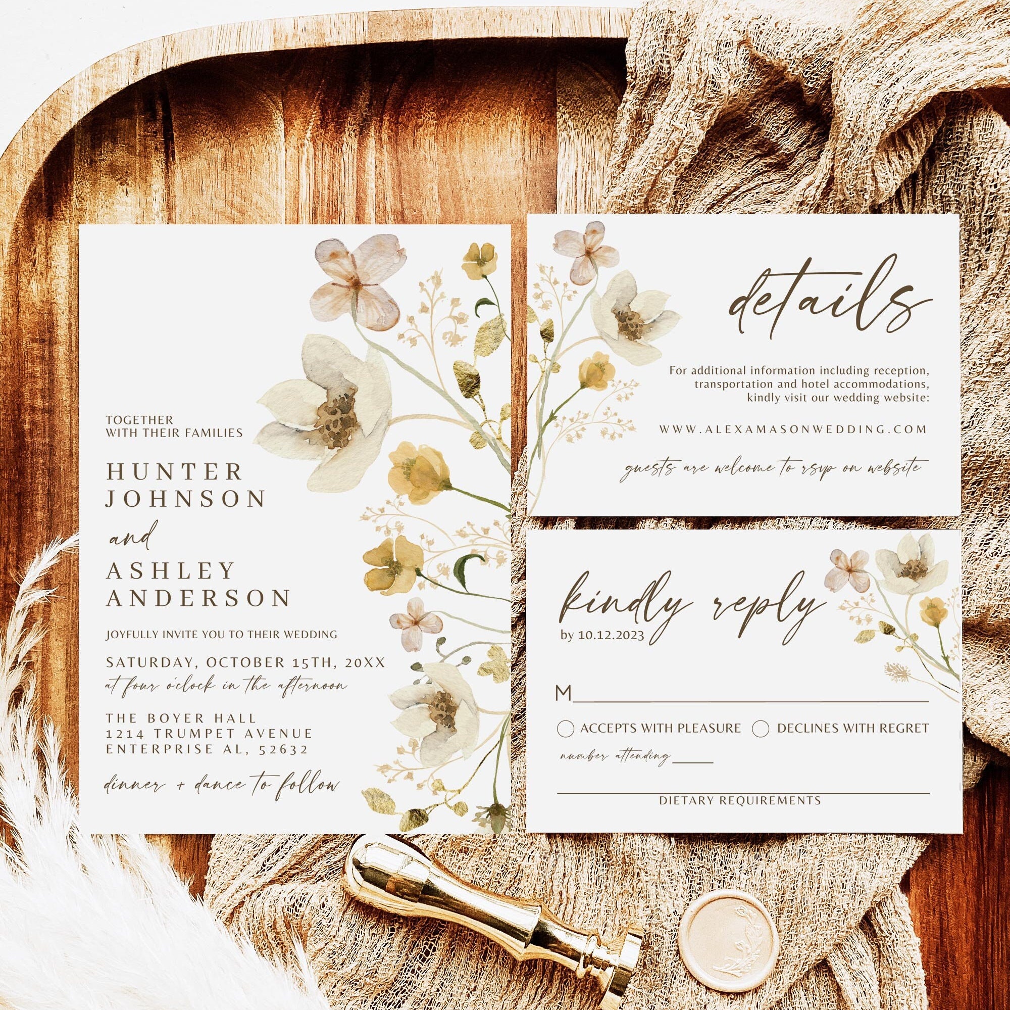 Boho Wedding Invitation Suite, Wildflower Wedding Invitation, Rustic ...